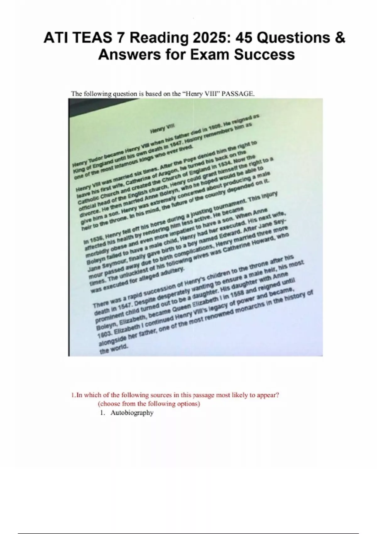 ATI TEAS 7 Reading 2025: 45 Questions & Answers for Exam Success - ATI TEAS 7 - Stuvia US