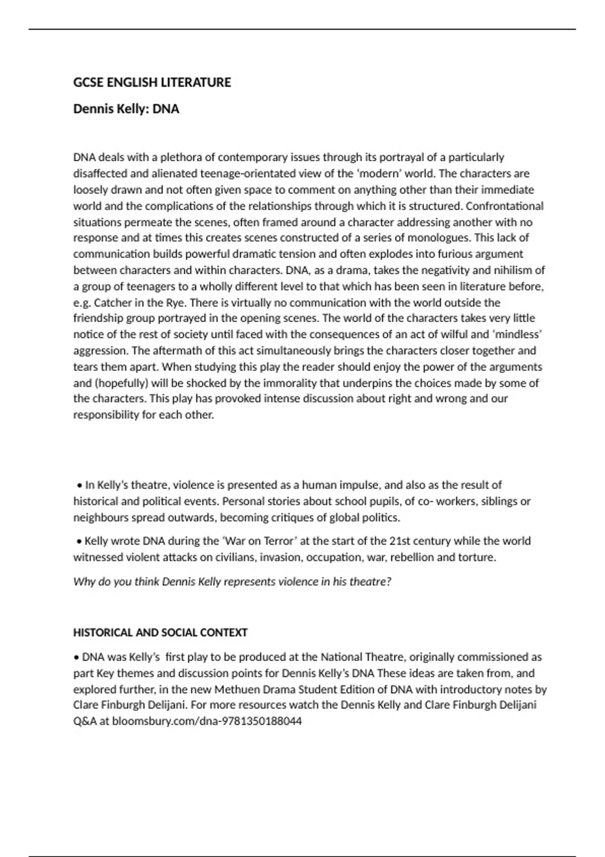 Revision Notes GCSE ENGLISH LITERATURE "DNA" Dennis Kelly - English ...