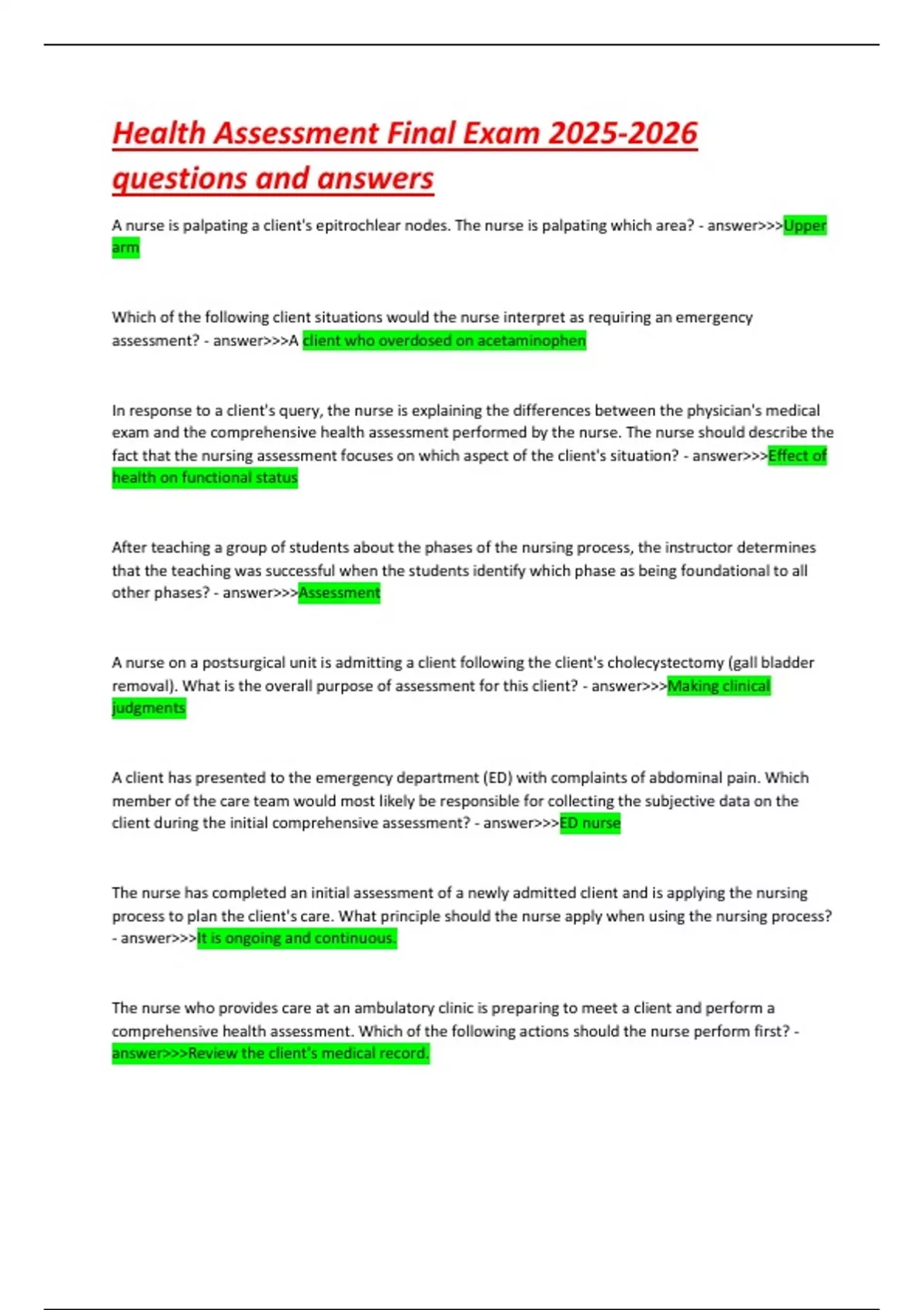 Health Assessment Final Exam questions and answers - Health Assessment ...
