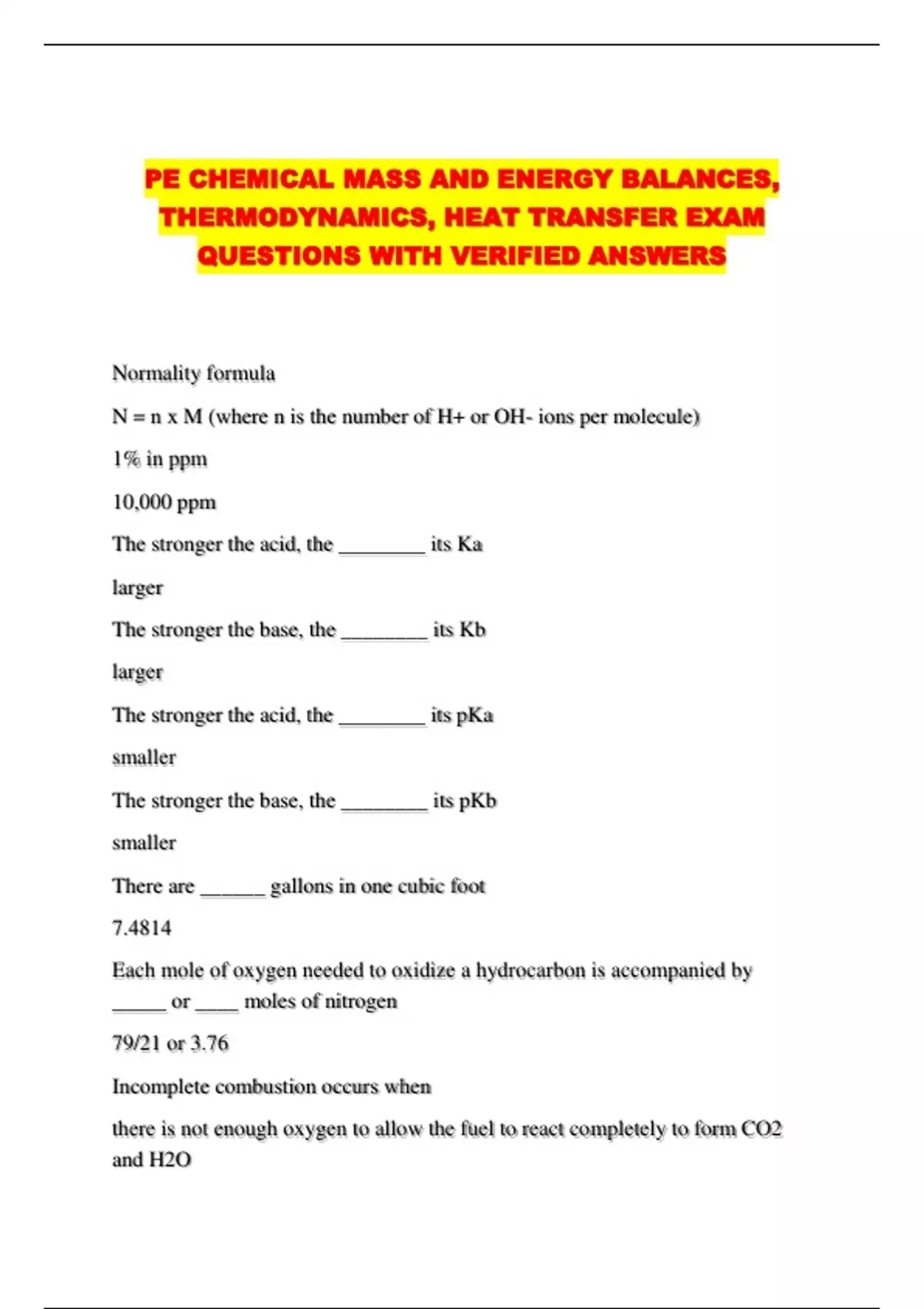 PE CHEMICAL MASS AND ENERGY BALANCES, THERMODYNAMICS, HEAT TRANSFER ...