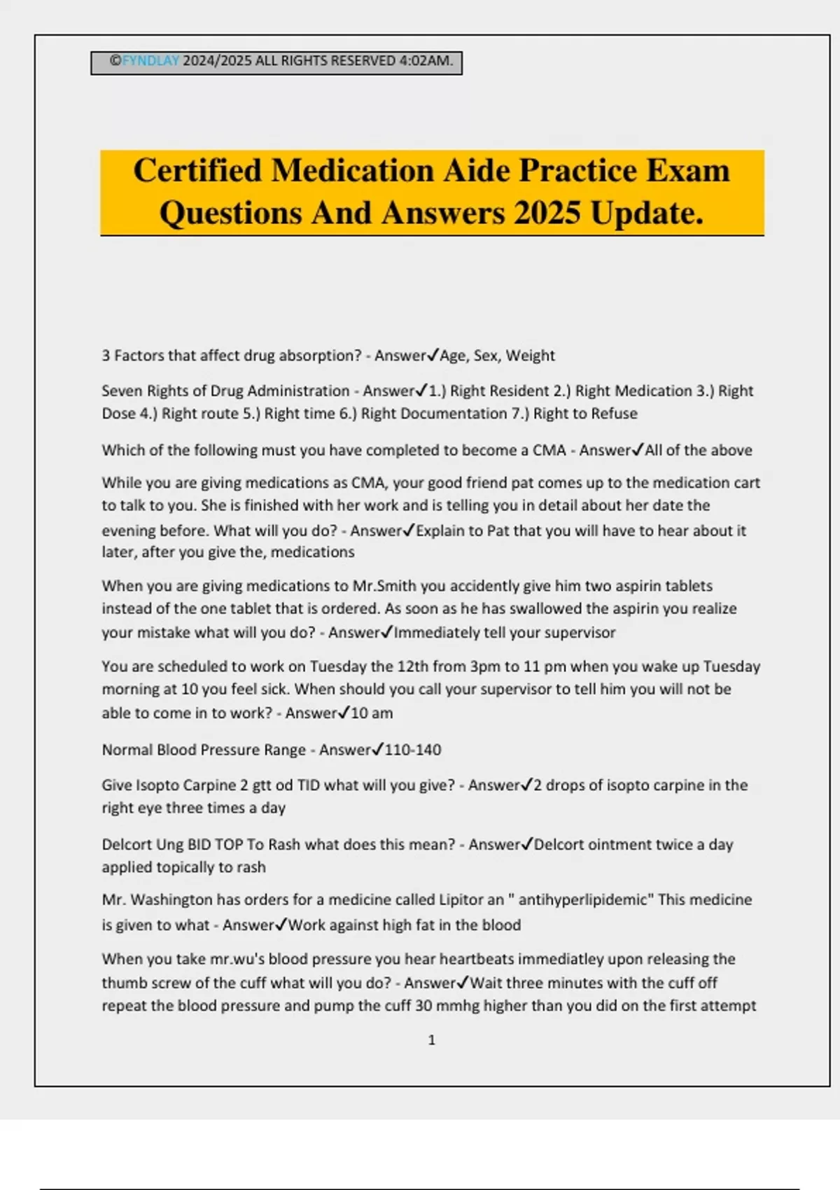 Certified Medication Aide Practice Exam Questions And Answers 2025 ...