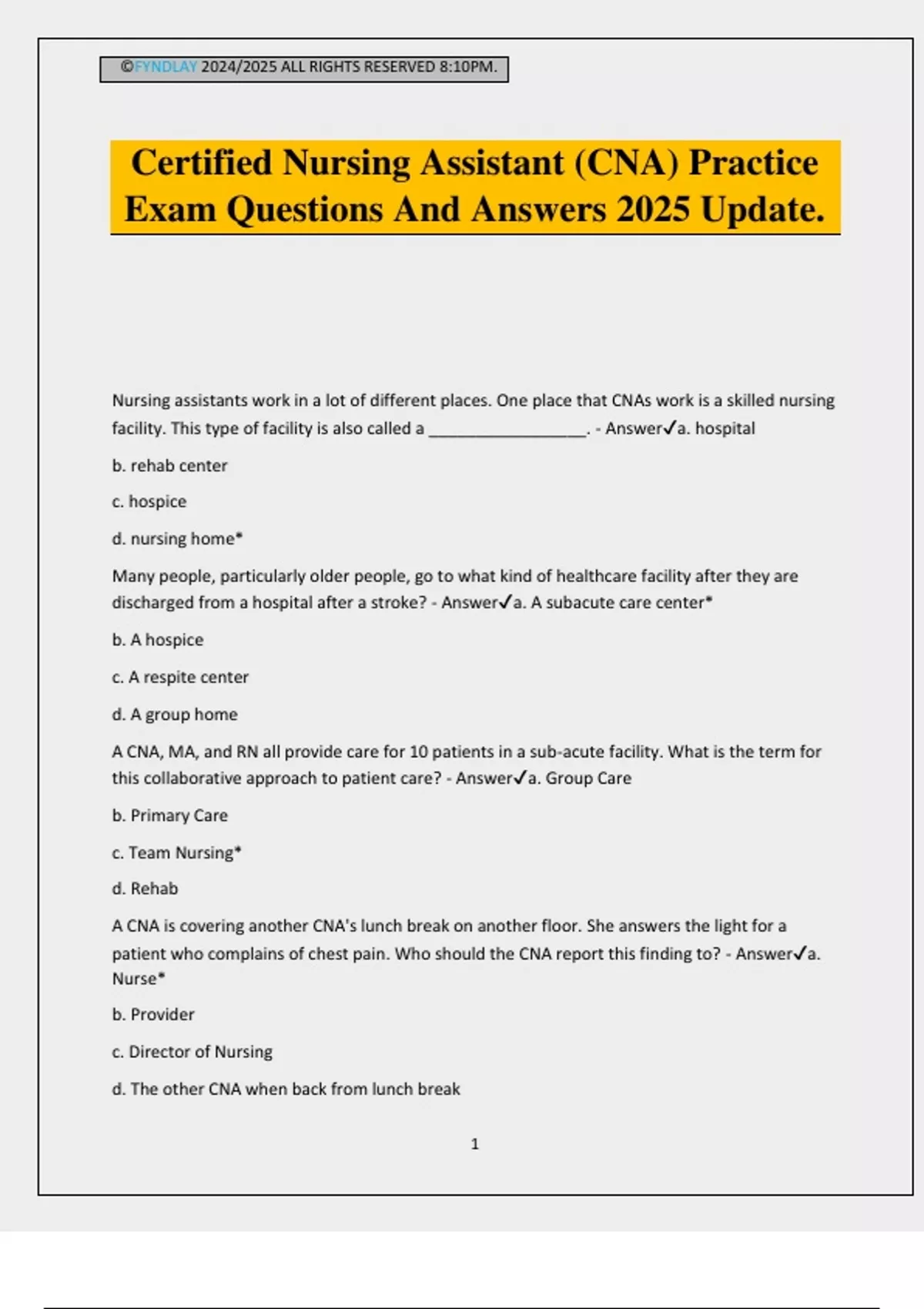 Certified Nursing Assistant (CNA) Practice Exam Questions And Answers ...