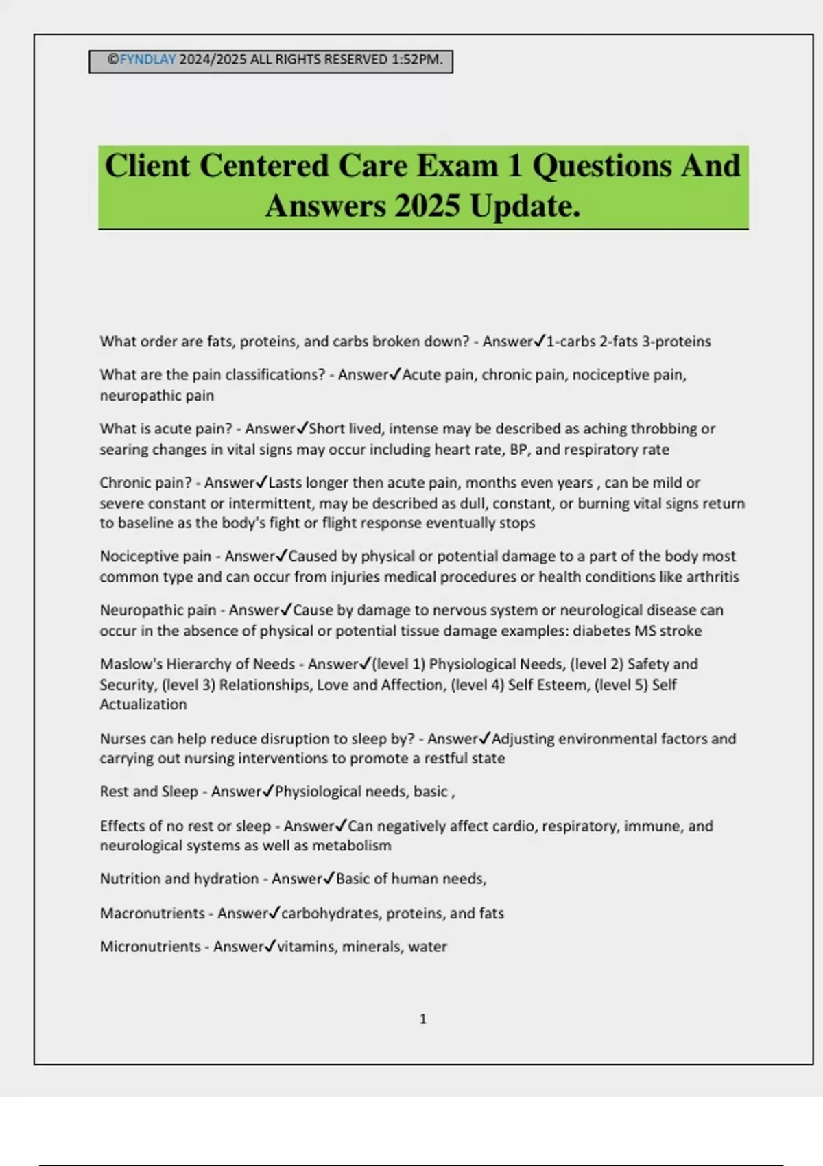 Client Centered Care Exam 1 Questions And Answers 2025 Update - Client ...