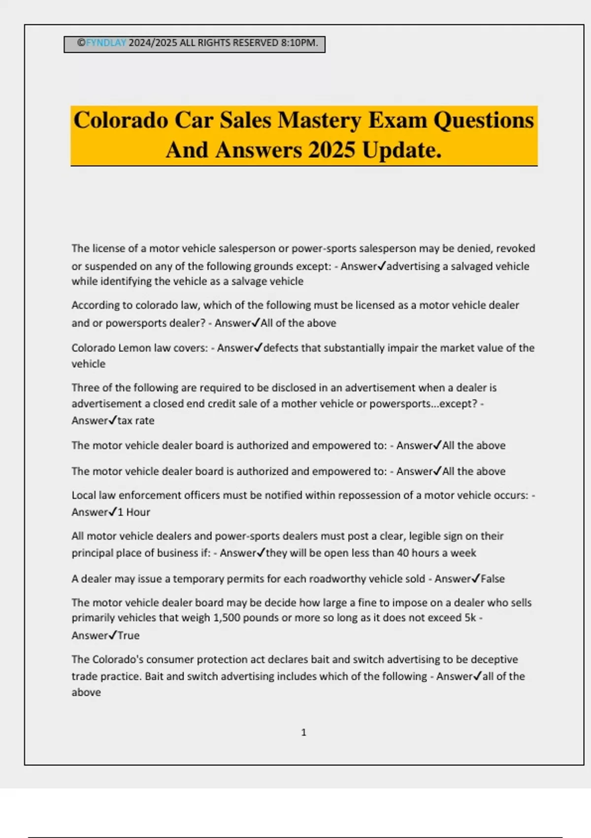 Colorado Car Sales Mastery Exam Questions And Answers 2025 Update ...