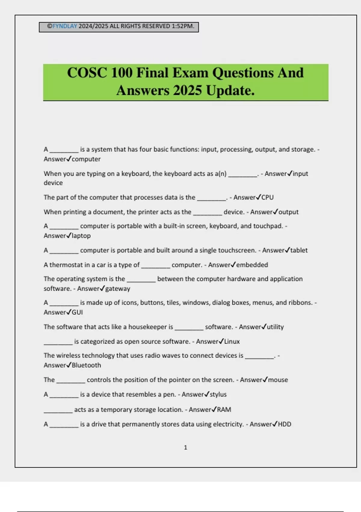 COSC 100 Final Exam Questions And Answers 2025 Update. - COSC 100 ...