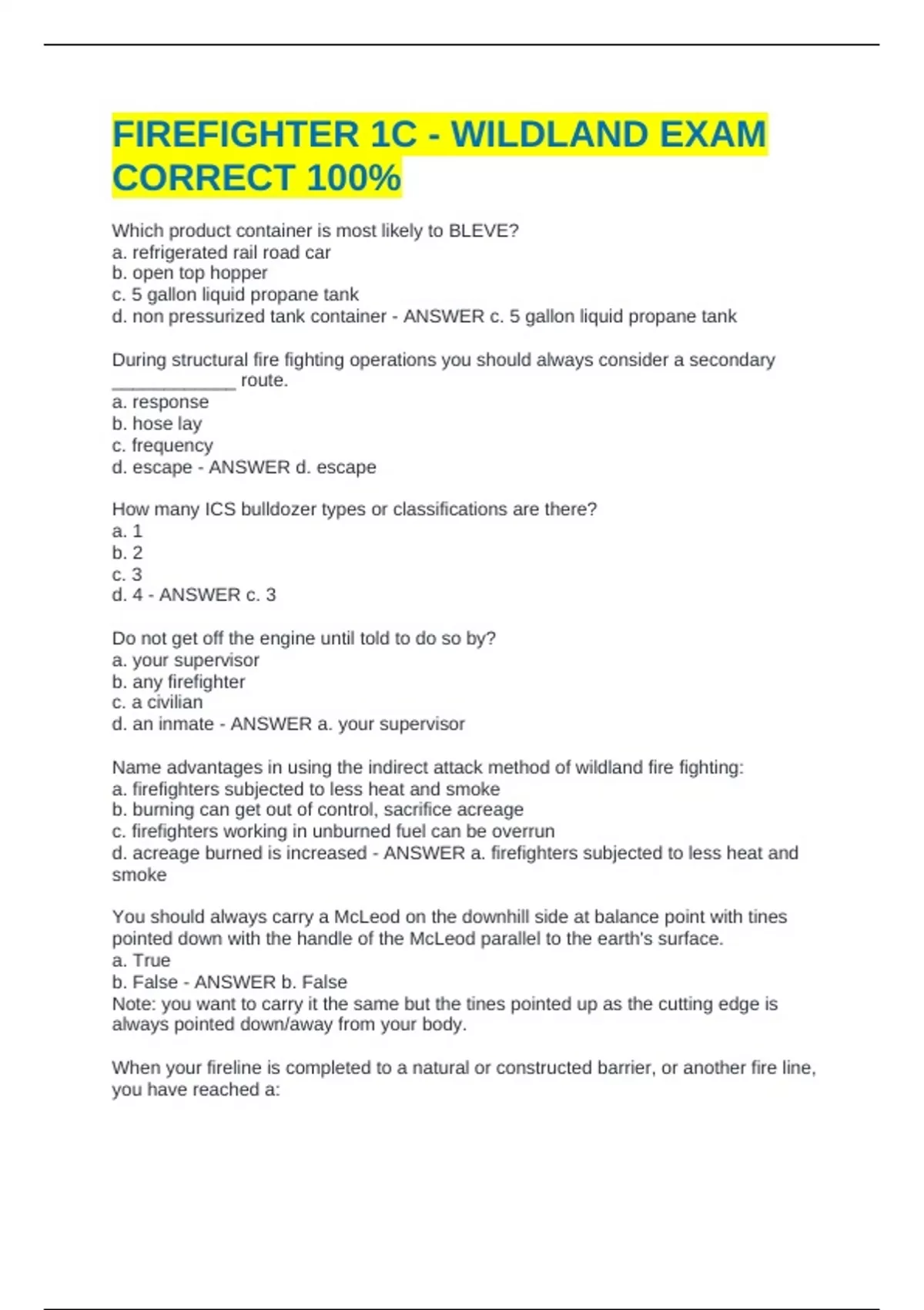 FIREFIGHTER 1C - WILDLAND EXAM CORRECT 100% - CAL FIRE - Stuvia US