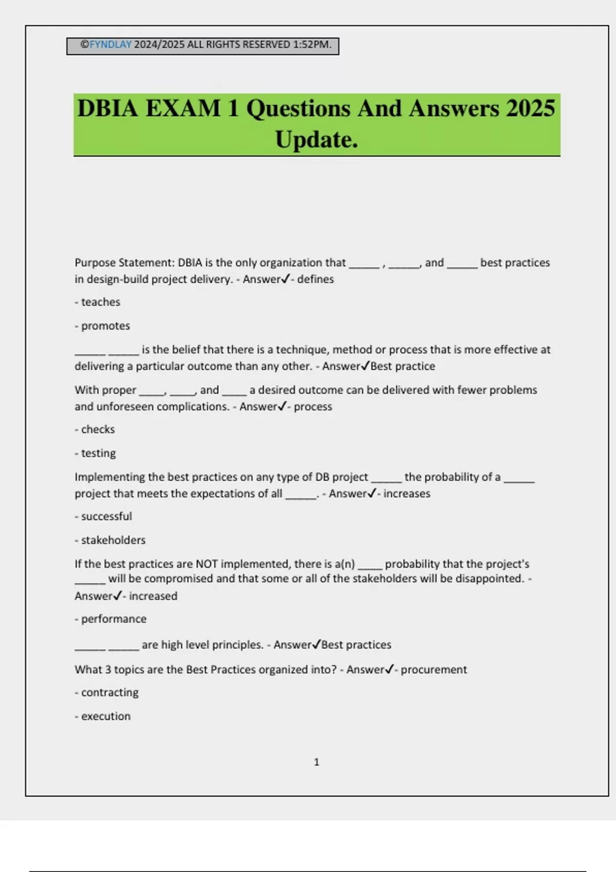 DBIA EXAM 1 Questions And Answers 2025 Update. - DBIA - Stuvia US