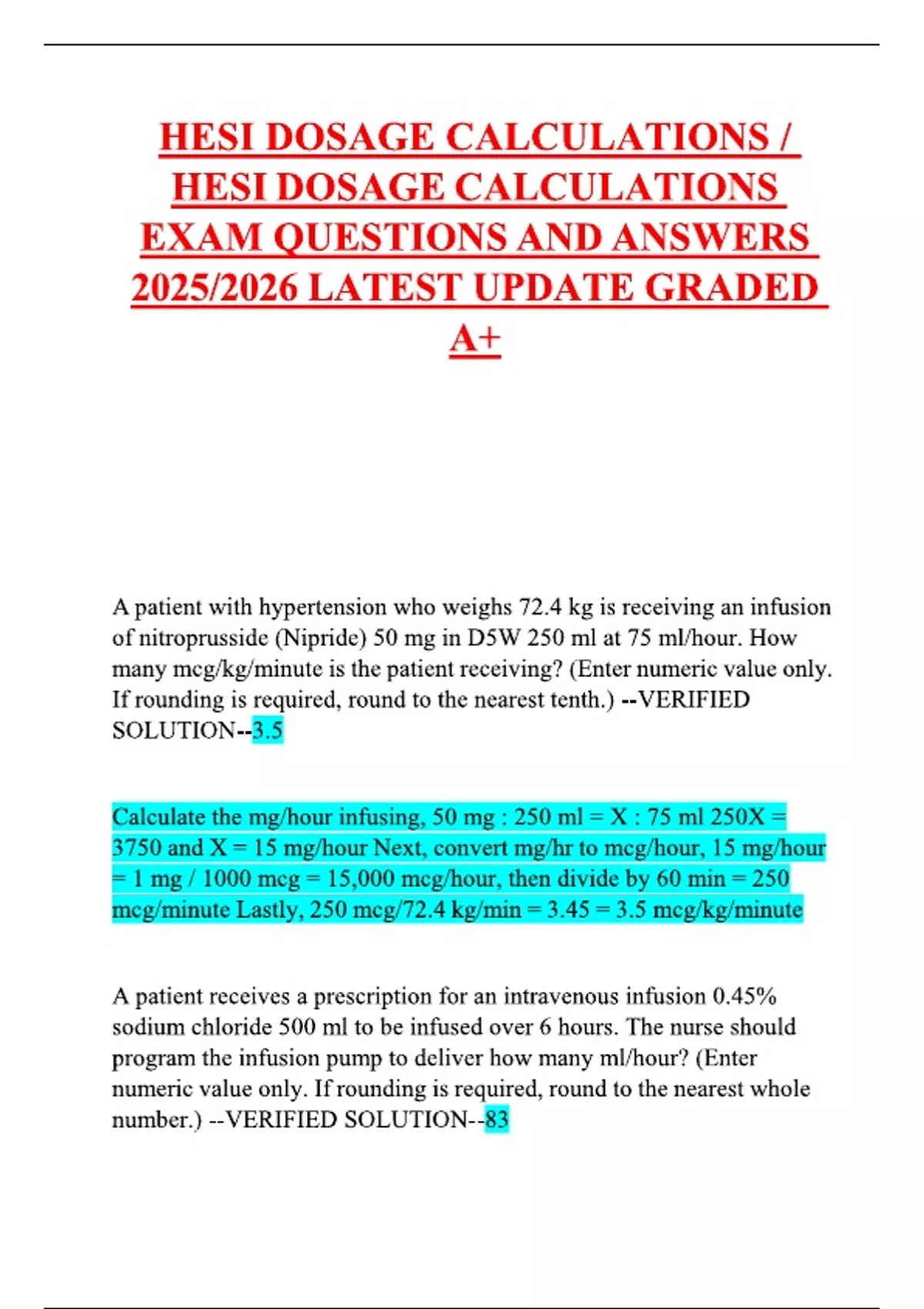HESI DOSAGE CALCULATIONS / HESI DOSAGE CALCULATIONS EXAM QUESTIONS AND ...