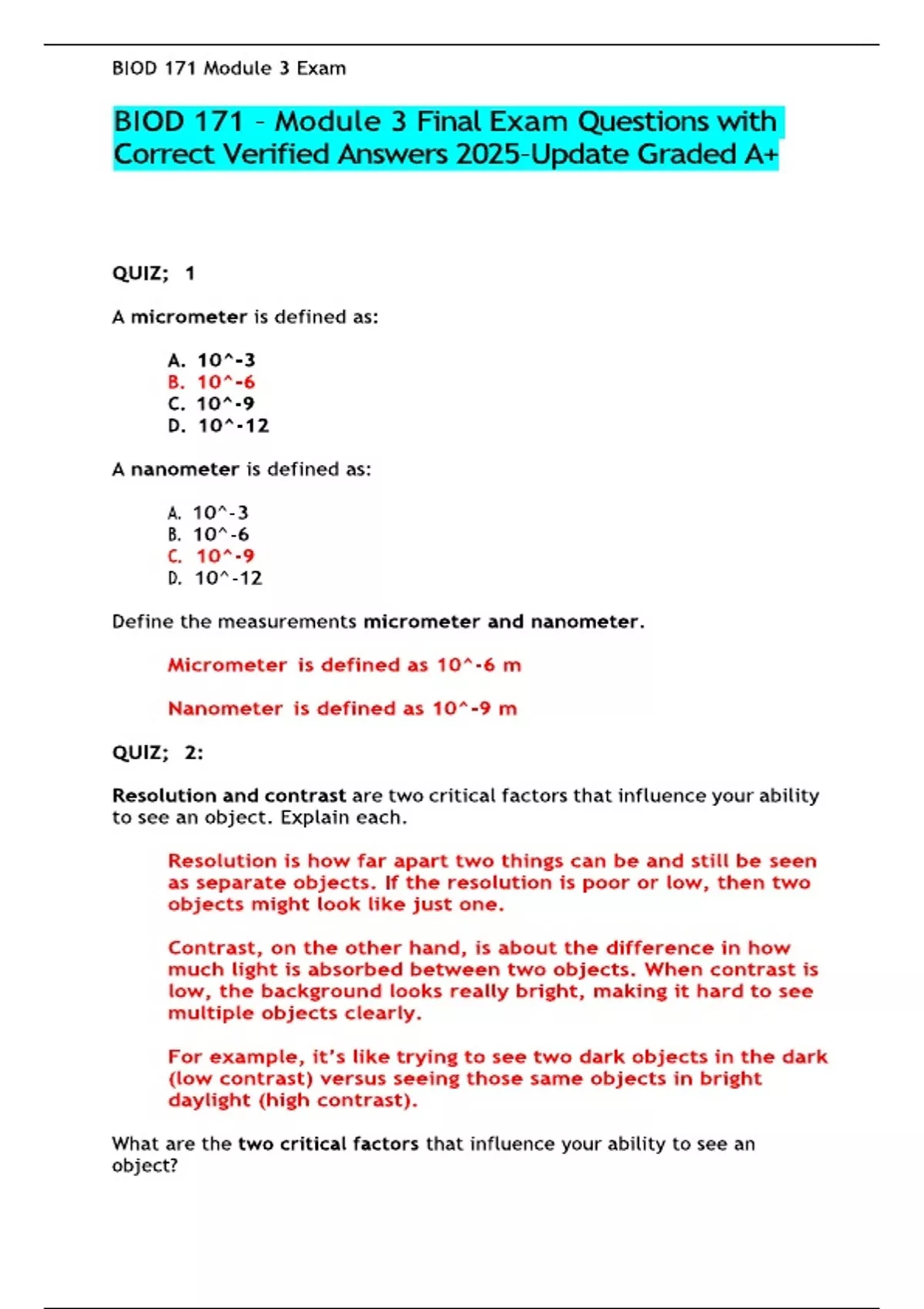 BIOD 171 – Module 3 Final Exam Questions with Correct Verified Answers 2025-Update Graded A+ ...