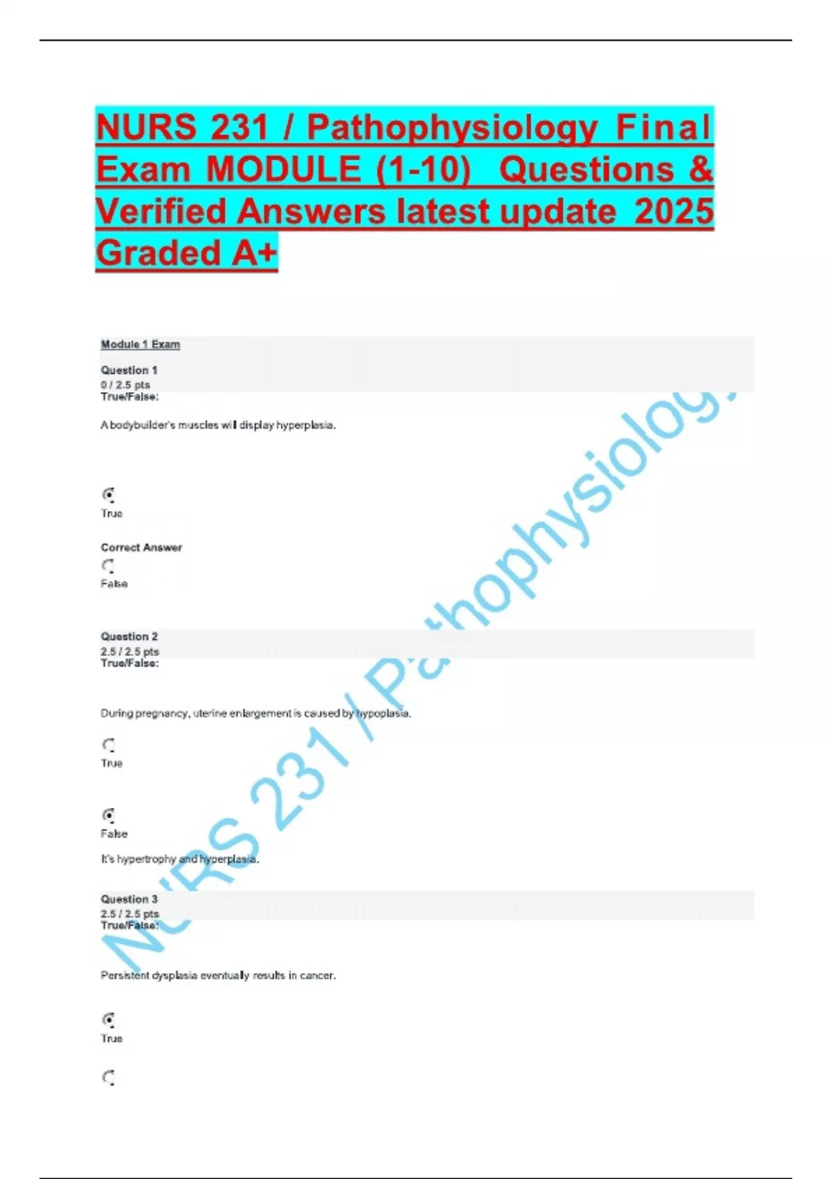 NURS 231 / Pathophysiology Final Exam MODULE (1-10) Questions ...