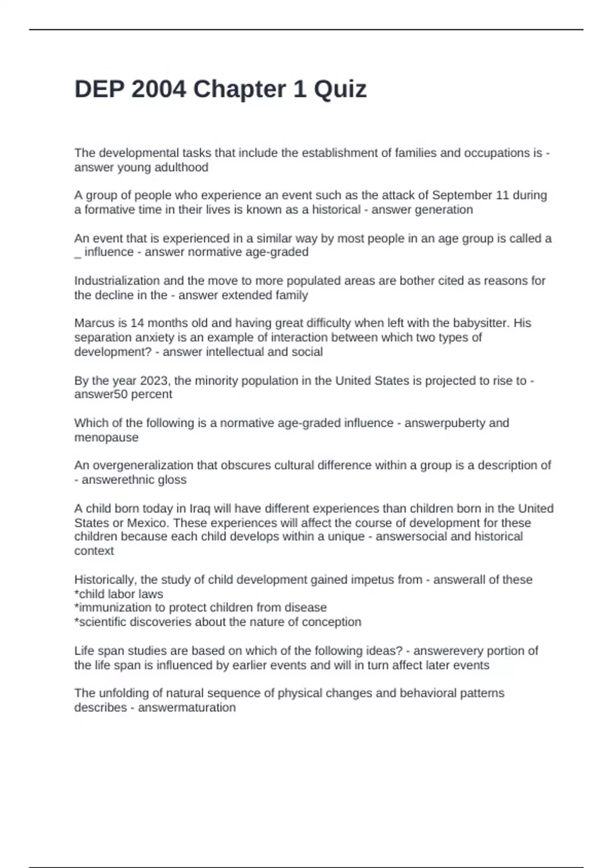 DEP 2004 Chapter 1 Quiz Questions with Correct Answers - DEP 2004 - Stuvia US