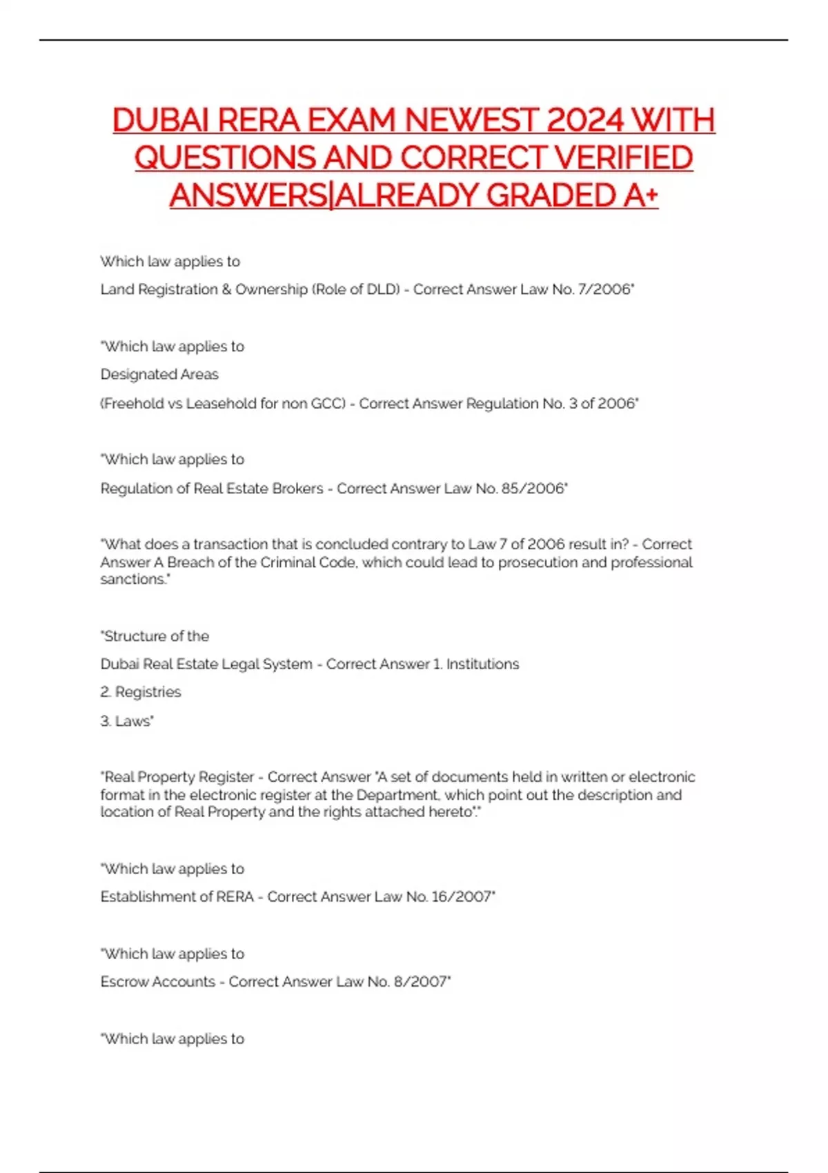 DUBAI RERA EXAM NEWEST 2024 WITH QUESTIONS AND CORRECT VERIFIED ANSWERS ...