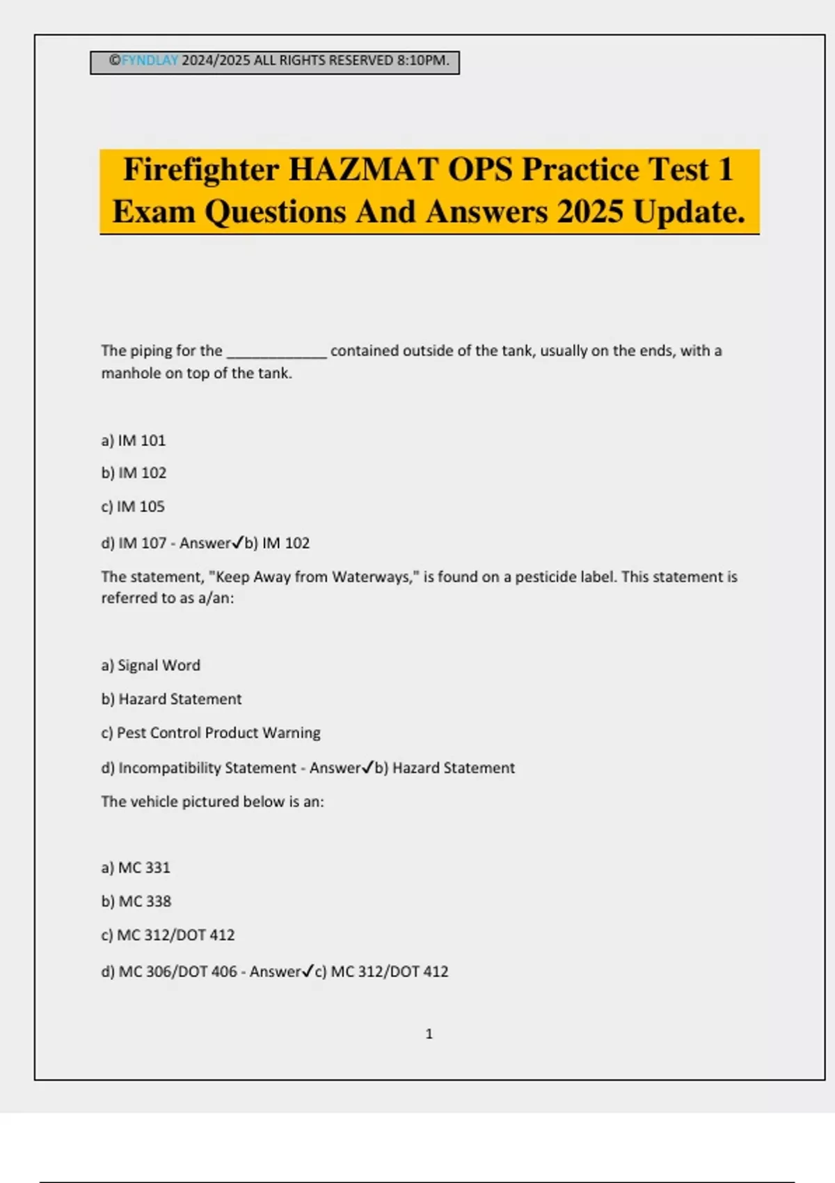 Firefighter HAZMAT OPS Practice Test 1 Exam Questions And Answers 2025 ...