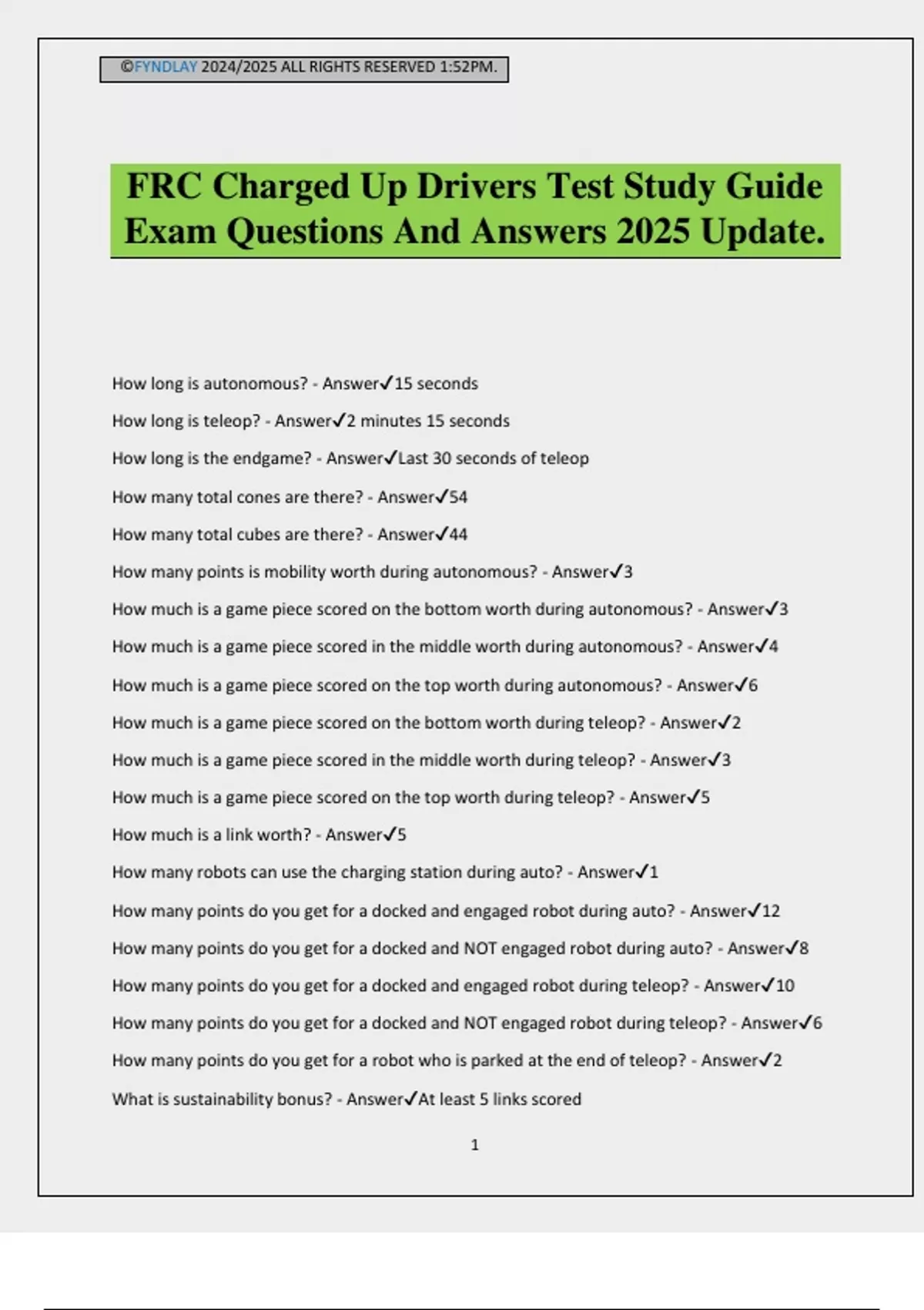 FRC Charged Up Drivers Test Study Guide Exam Questions And Answers 2025 ...