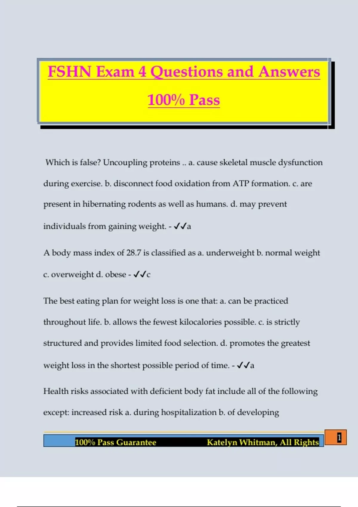 FSHN Exam 4 Questions and Answers 100% Pass - FSHN - Stuvia US