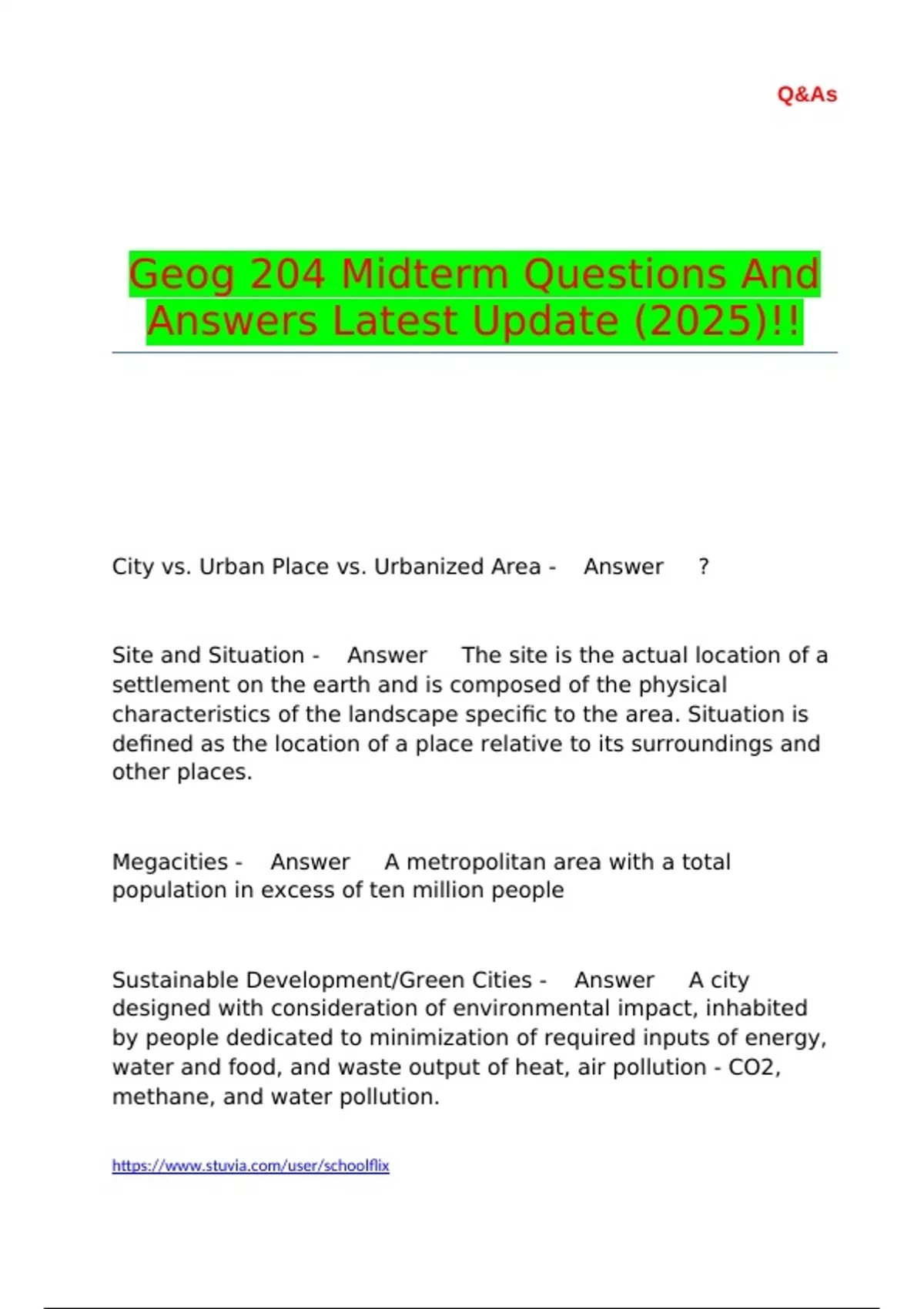 Geog 204 Midterm Questions And Answers Latest Update (2025)!! - Geog ...