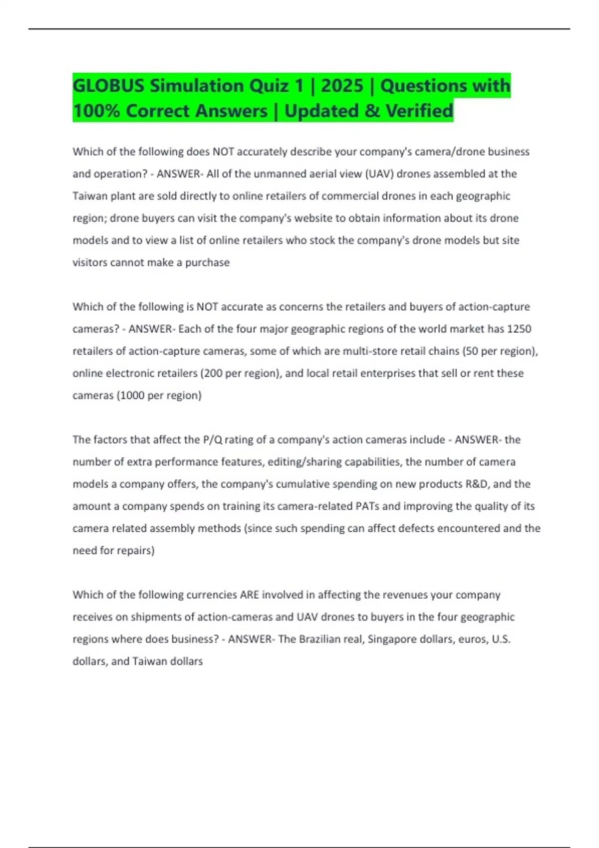 GLOBUS Simulation Quiz 1 | 2025 | Questions with 100% Correct Answers ...