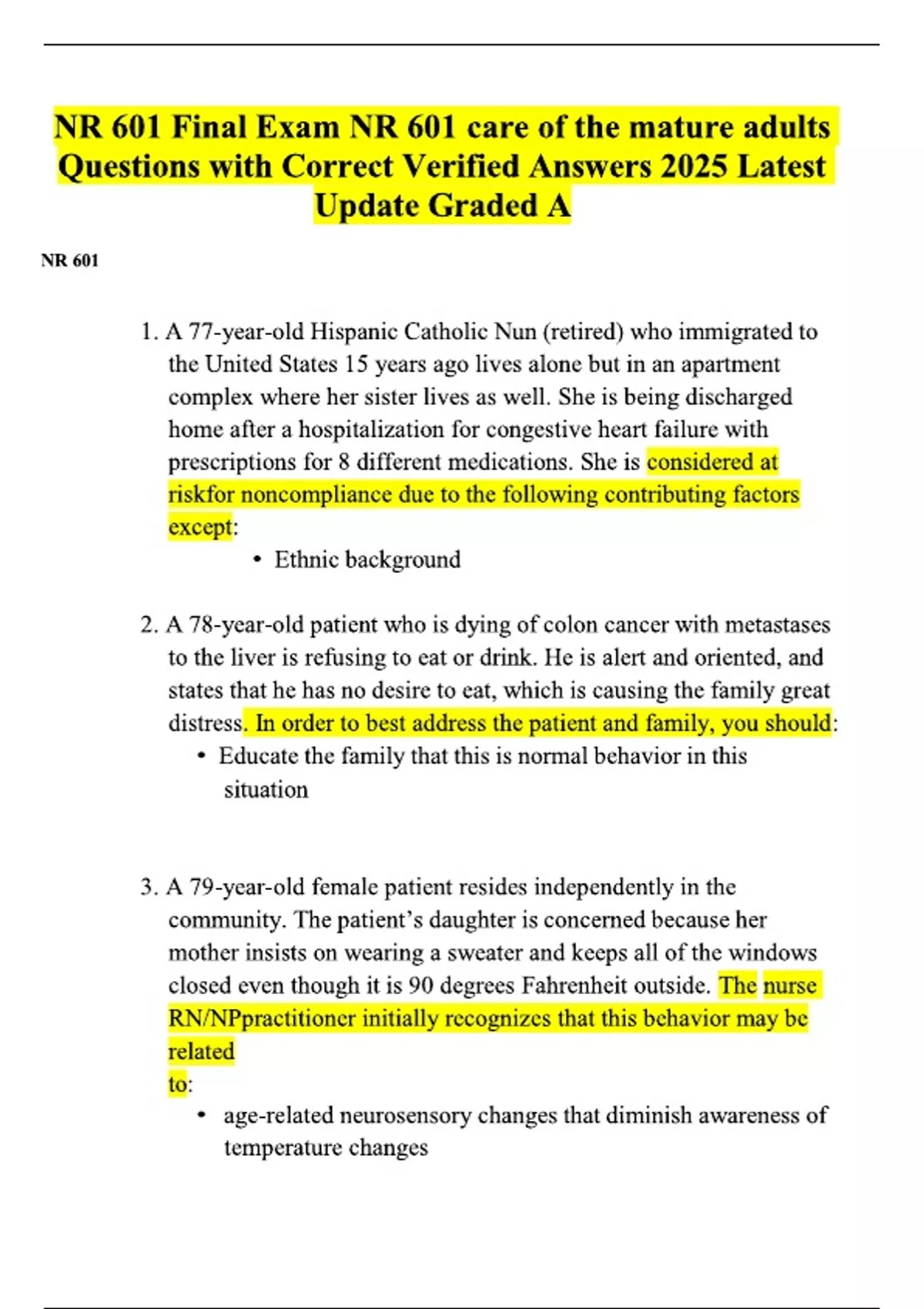 NR 601 Final Exam NR 601 care of the mature adults Questions with Correct Verified Answers 2025 ...