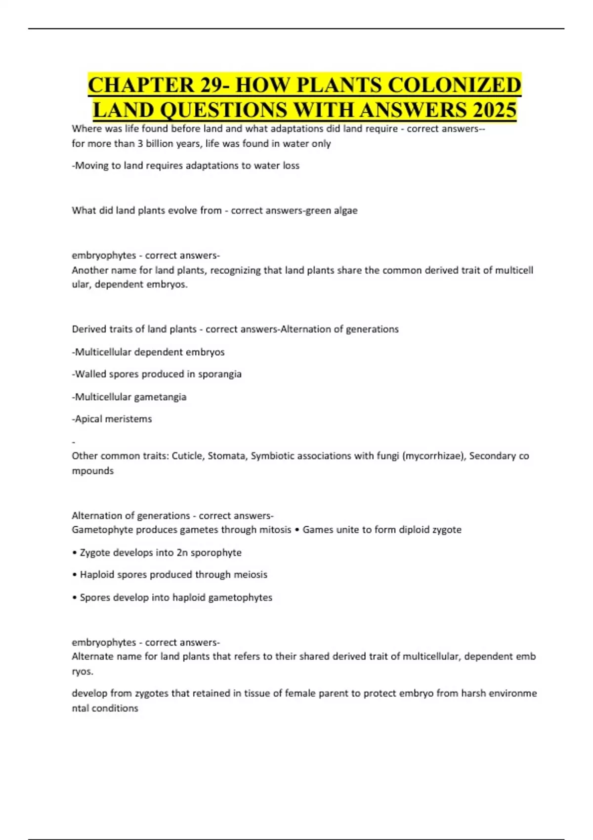 CHAPTER 29- HOW PLANTS COLONIZED LAND QUESTIONS WITH ANSWERS 2025 ...