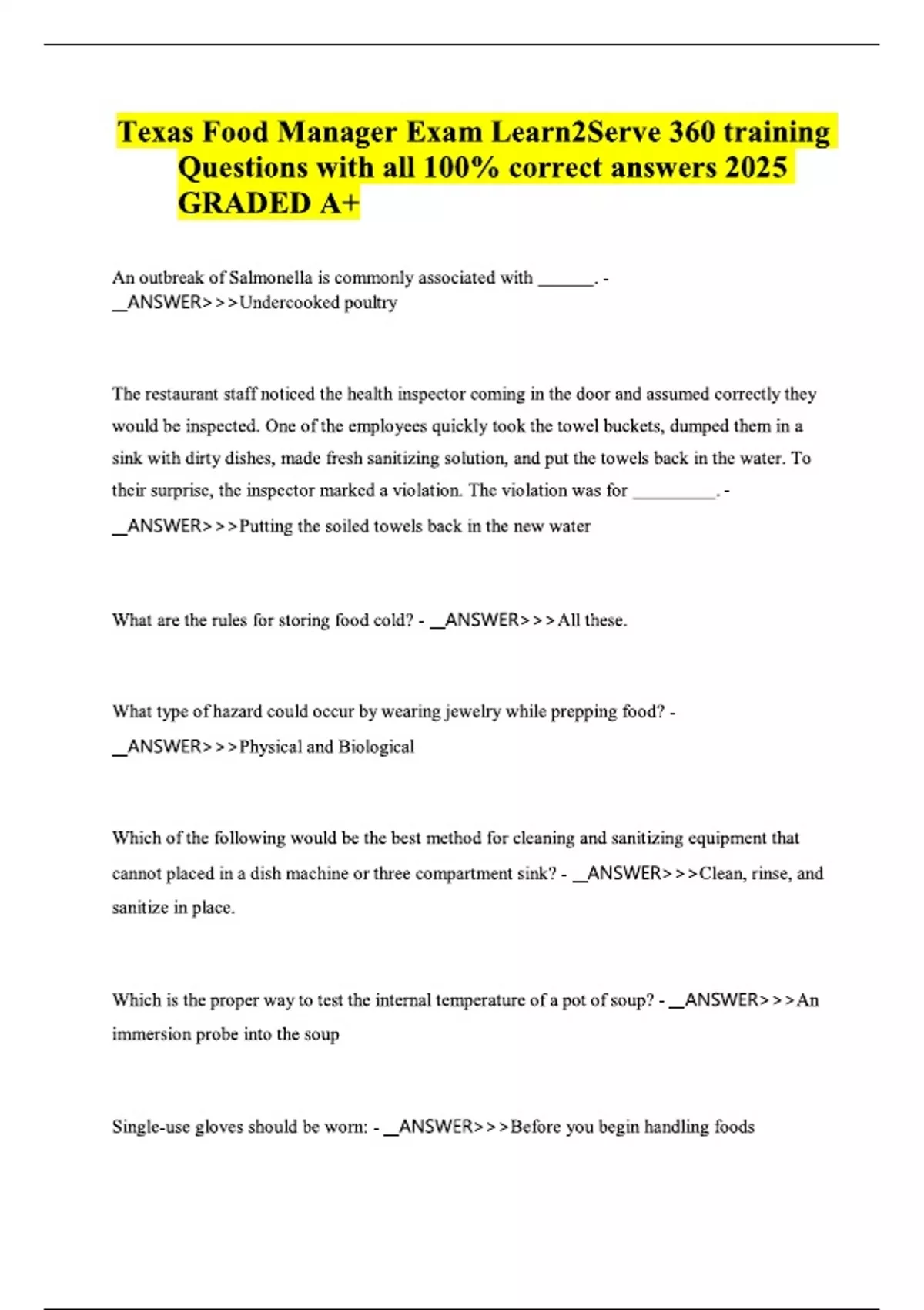 Texas Food Manager Exam Learn2Serve 360 training Questions with all 100 ...