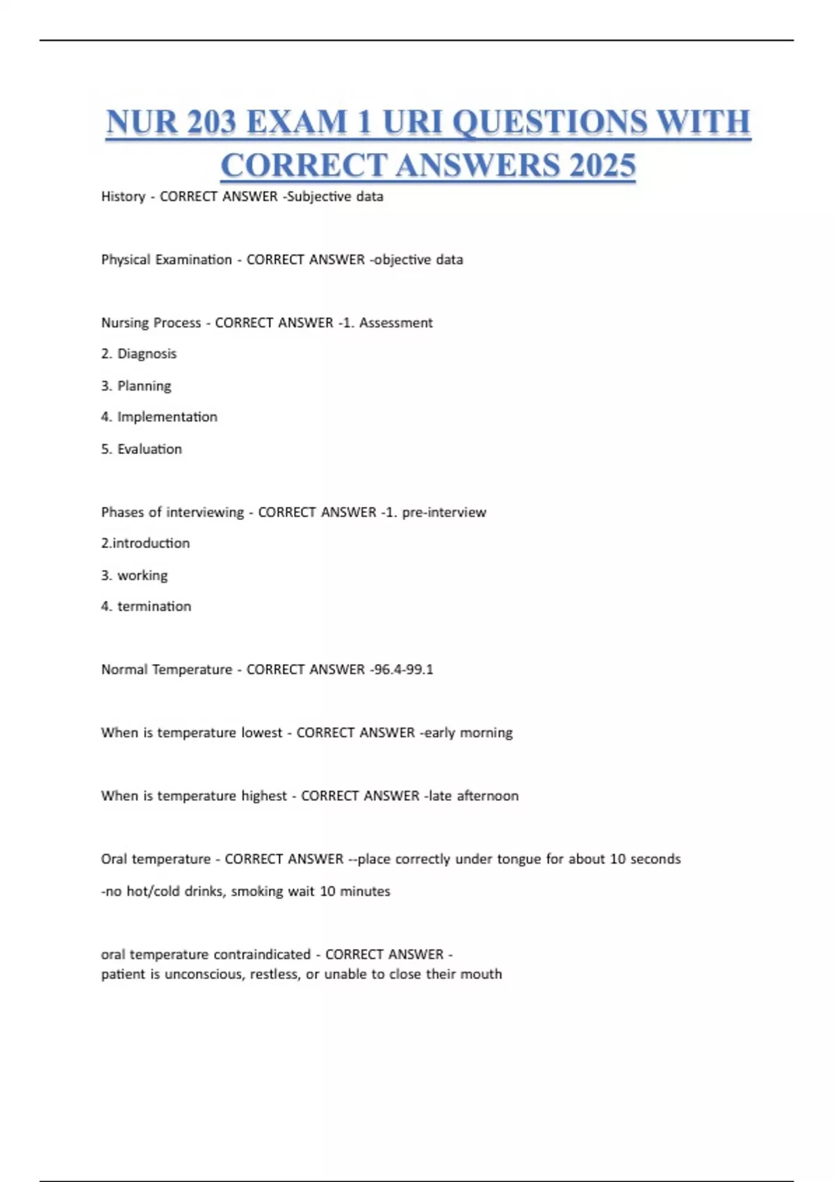 NUR 203 EXAM 1 URI QUESTIONS WITH CORRECT ANSWERS 2025 - NUR 203 HEALTH ...