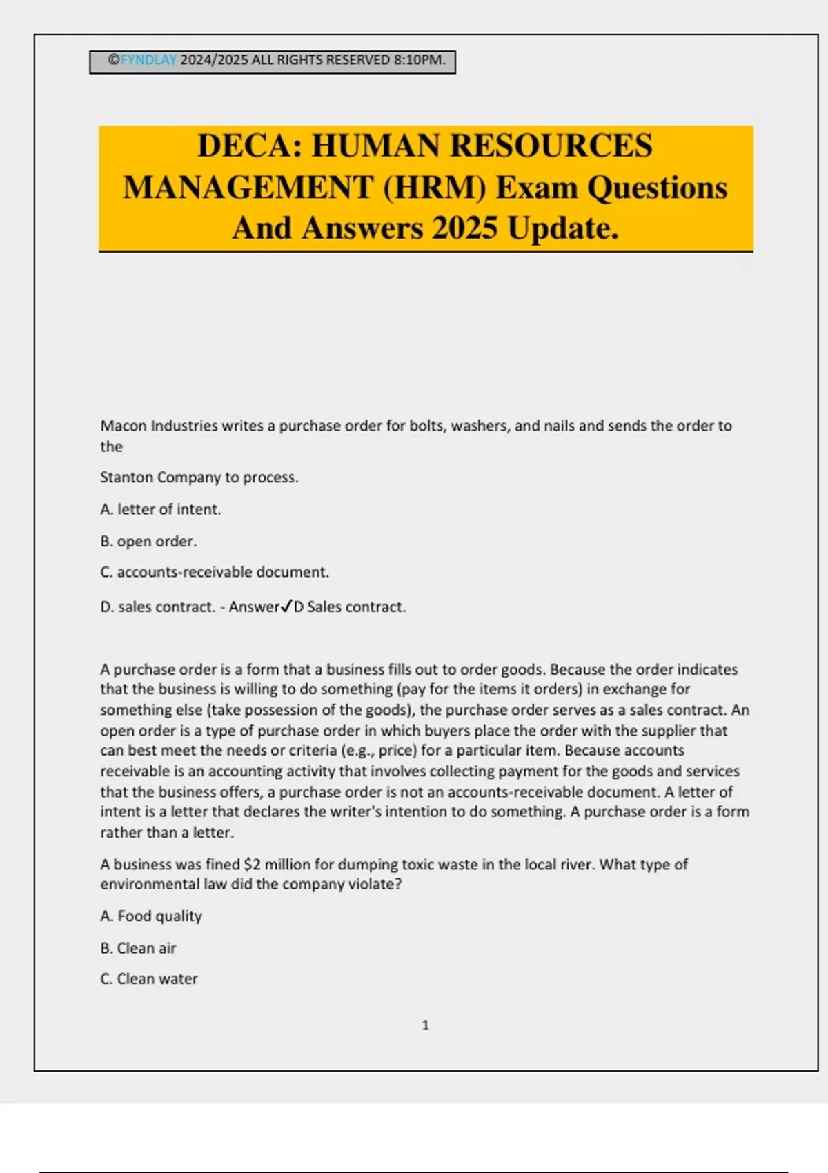 DECA: HUMAN RESOURCES MANAGEMENT (HRM) Exam Questions And Answers 2025 ...