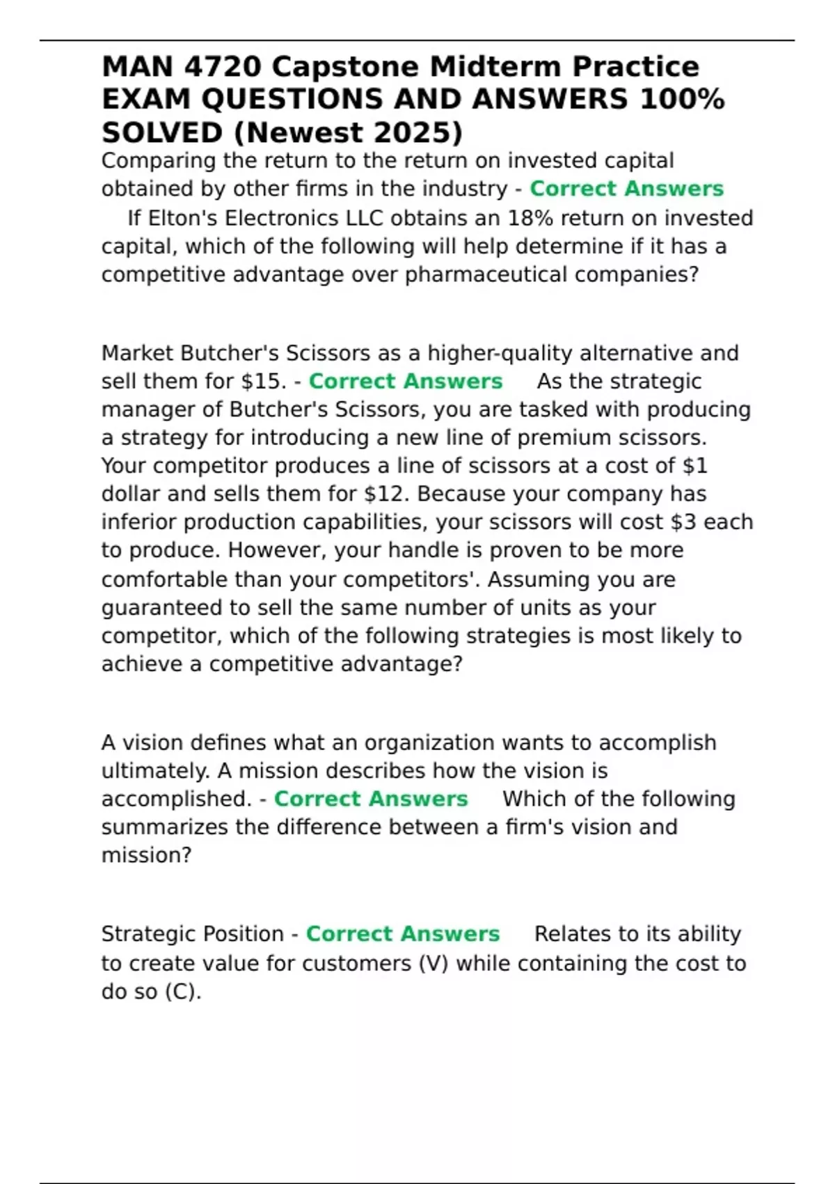 MAN4720 Midterm EXAM QUESTIONS AND ANSWERS 100- SOLVED (Newest 2025). - MAN 4720 UCF Capstone ...