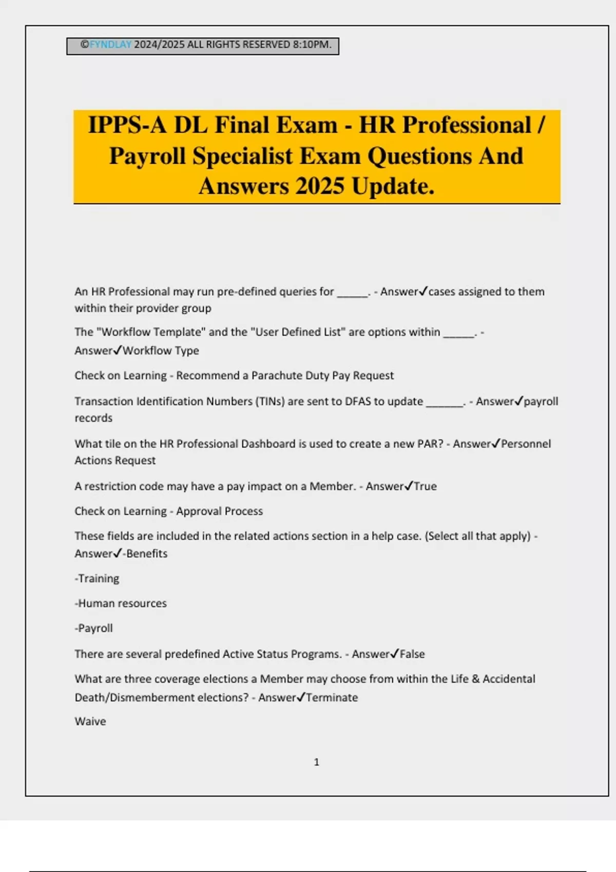 IPPS-A DL Final Exam - HR Professional / Payroll Specialist Exam ...