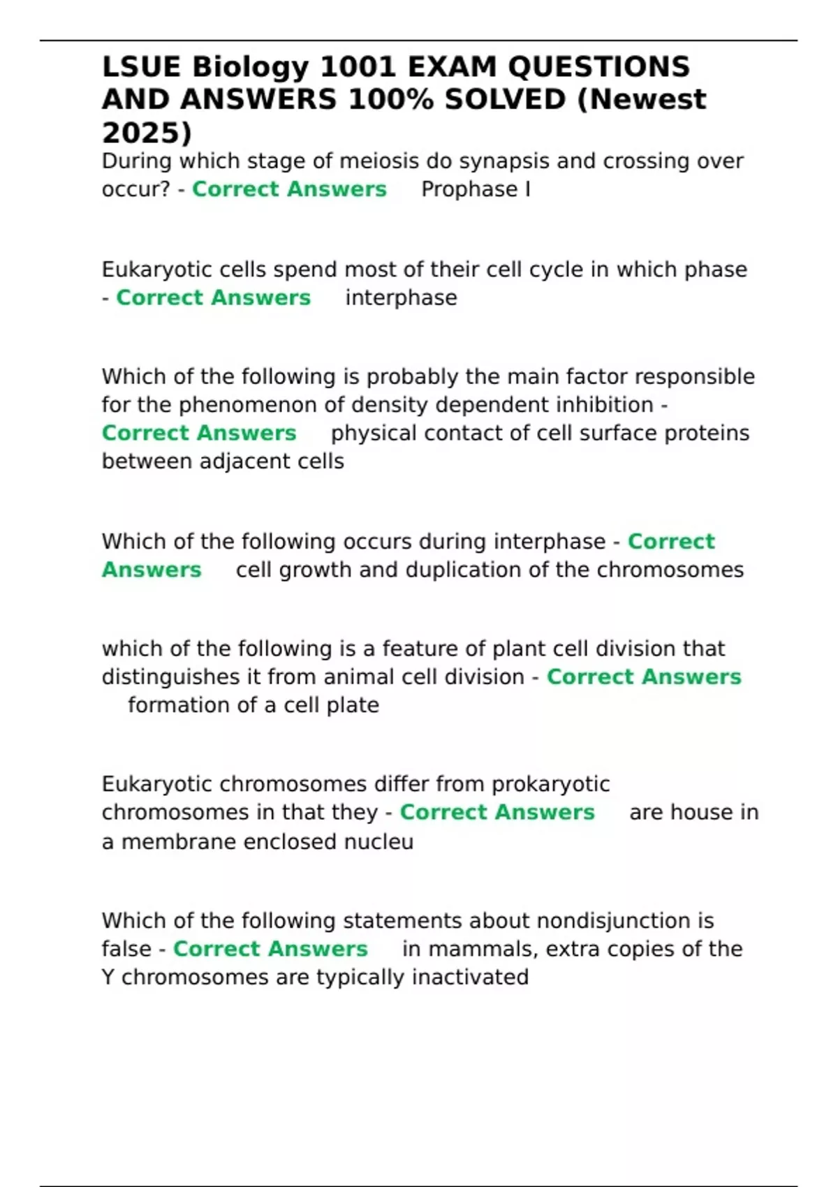 LSUE Biology 1001 EXAM QUESTIONS AND ANSWERS 100- SOLVED (Newest 2025 ...