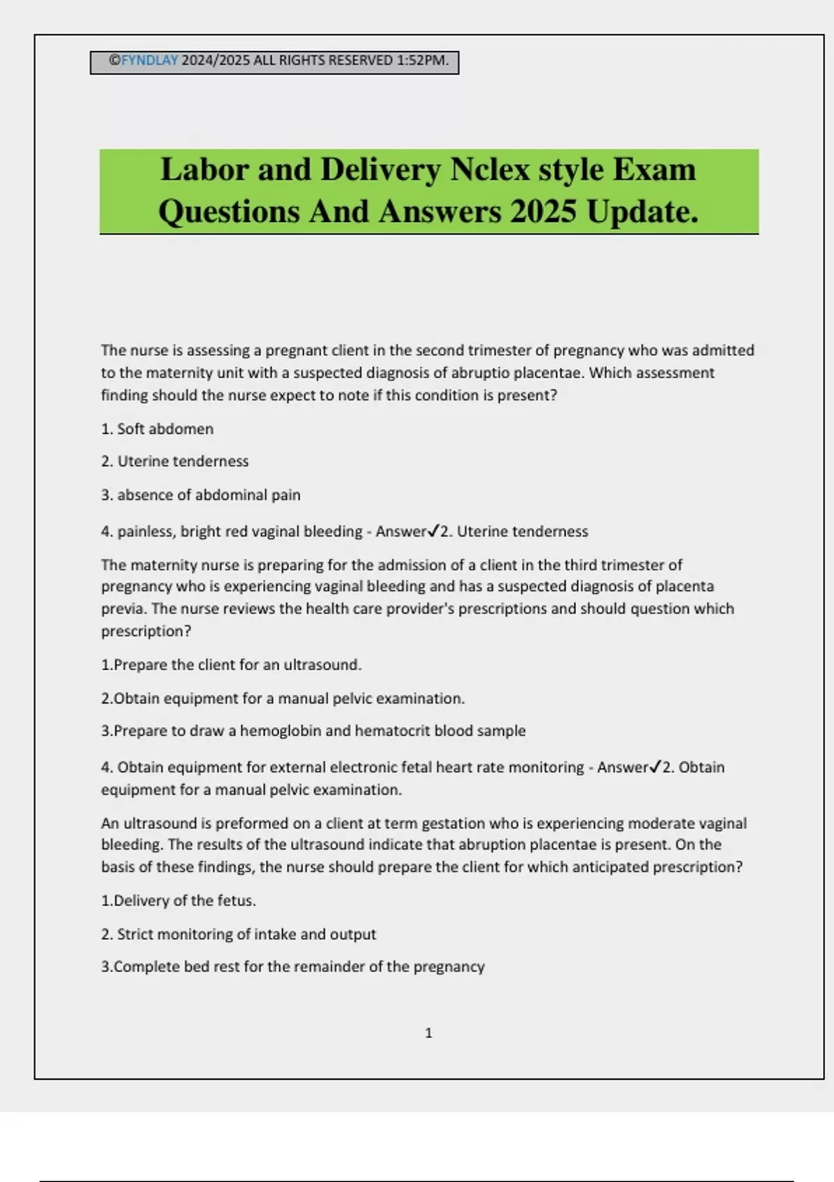 Labor and Delivery Nclex style Exam Questions And Answers 2025 Update ...