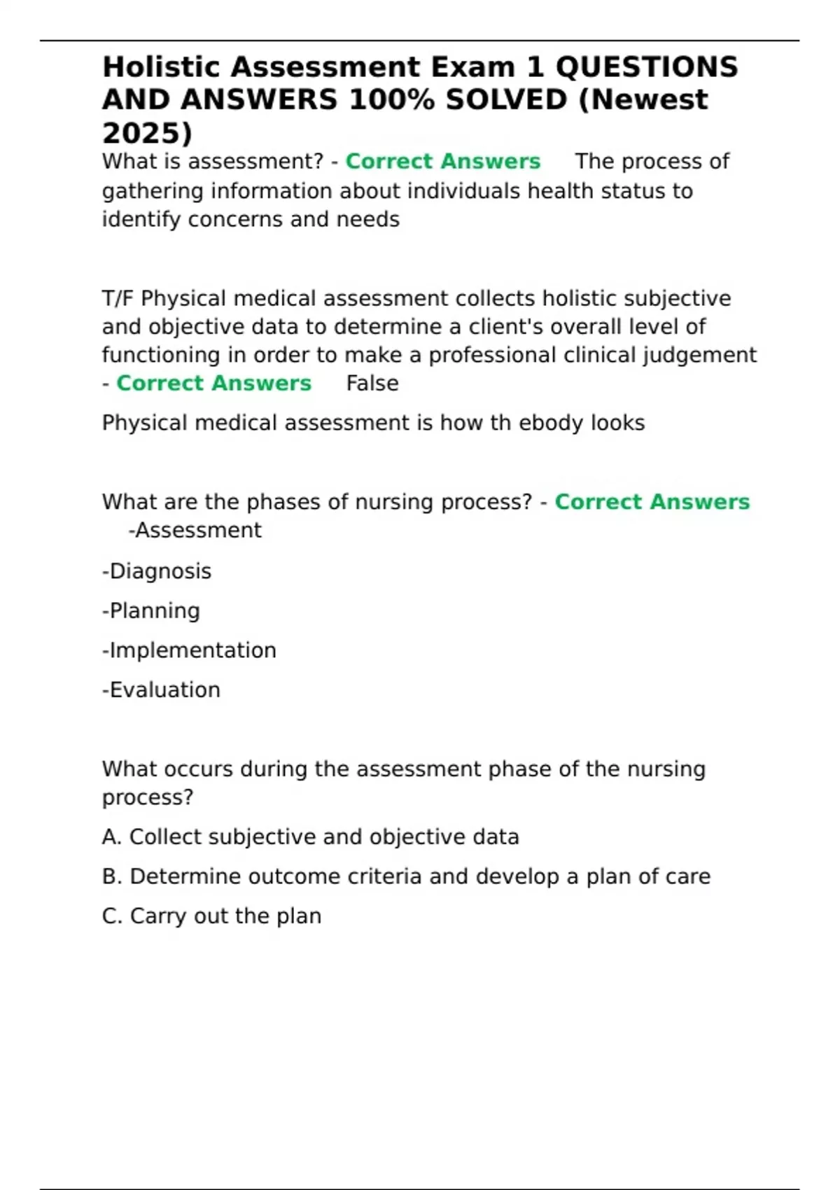 Holistic Assessment Exam 1 QUESTIONS AND ANSWERS 100- SOLVED (Newest ...