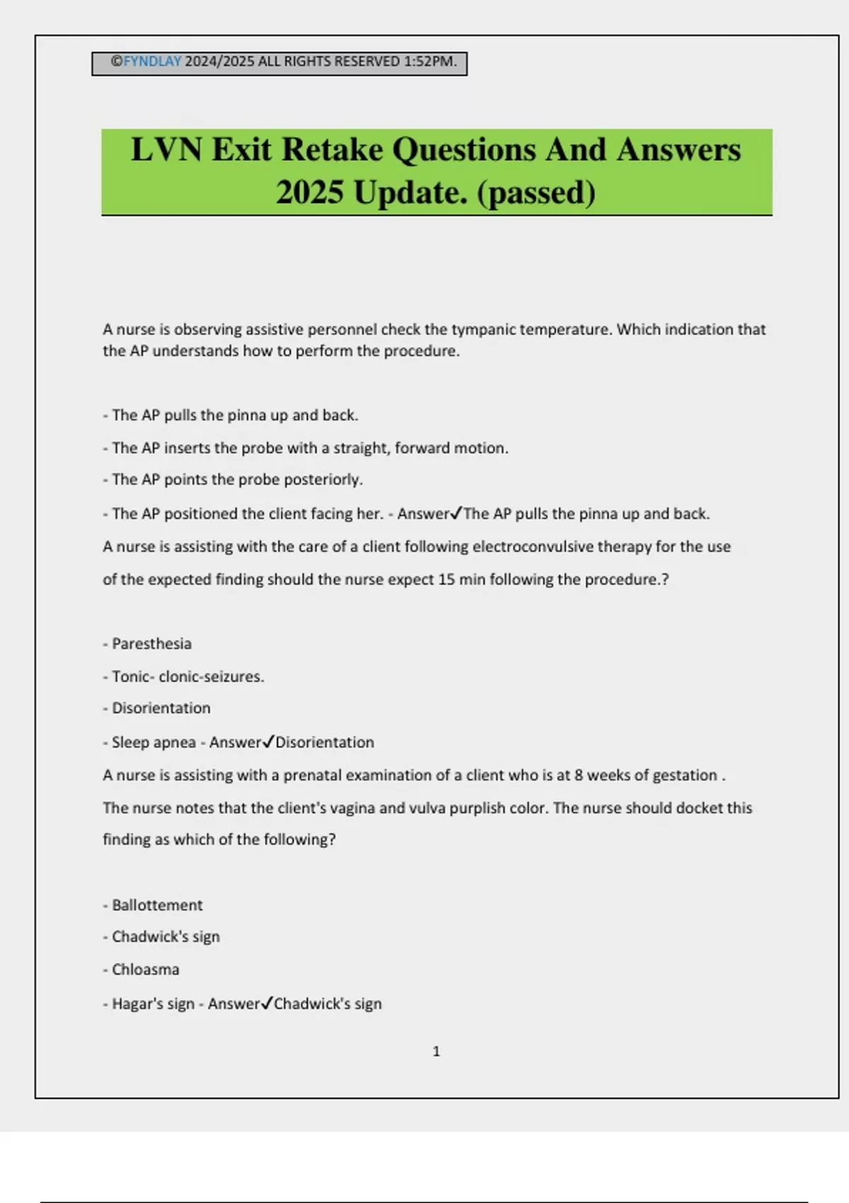 LVN Exit Retake Questions And Answers 2025 Update. (passed) - LVN Exit ...