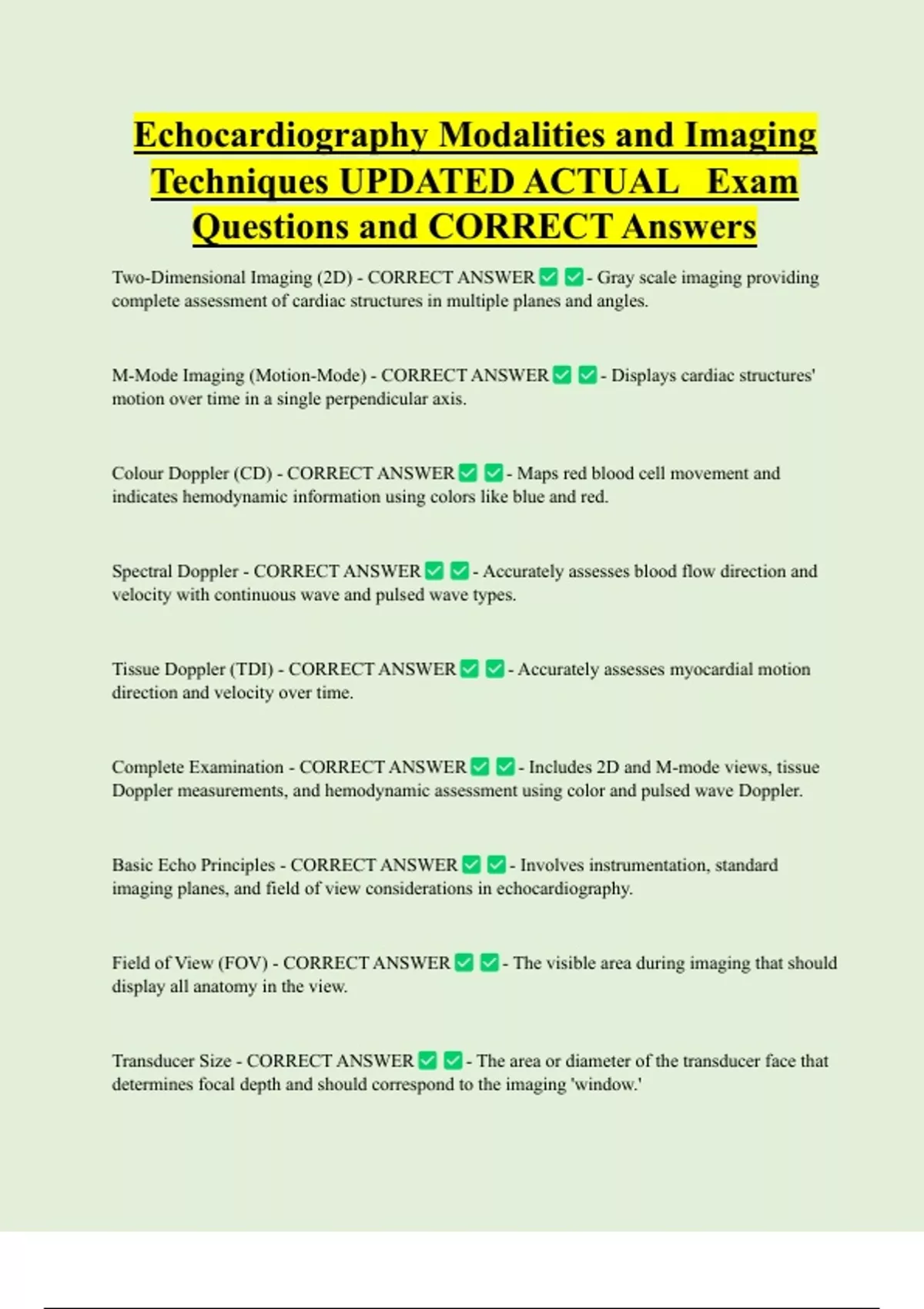 Echocardiography Modalities and Imaging Techniques UPDATED ACTUAL Exam Questions and CORRECT ...