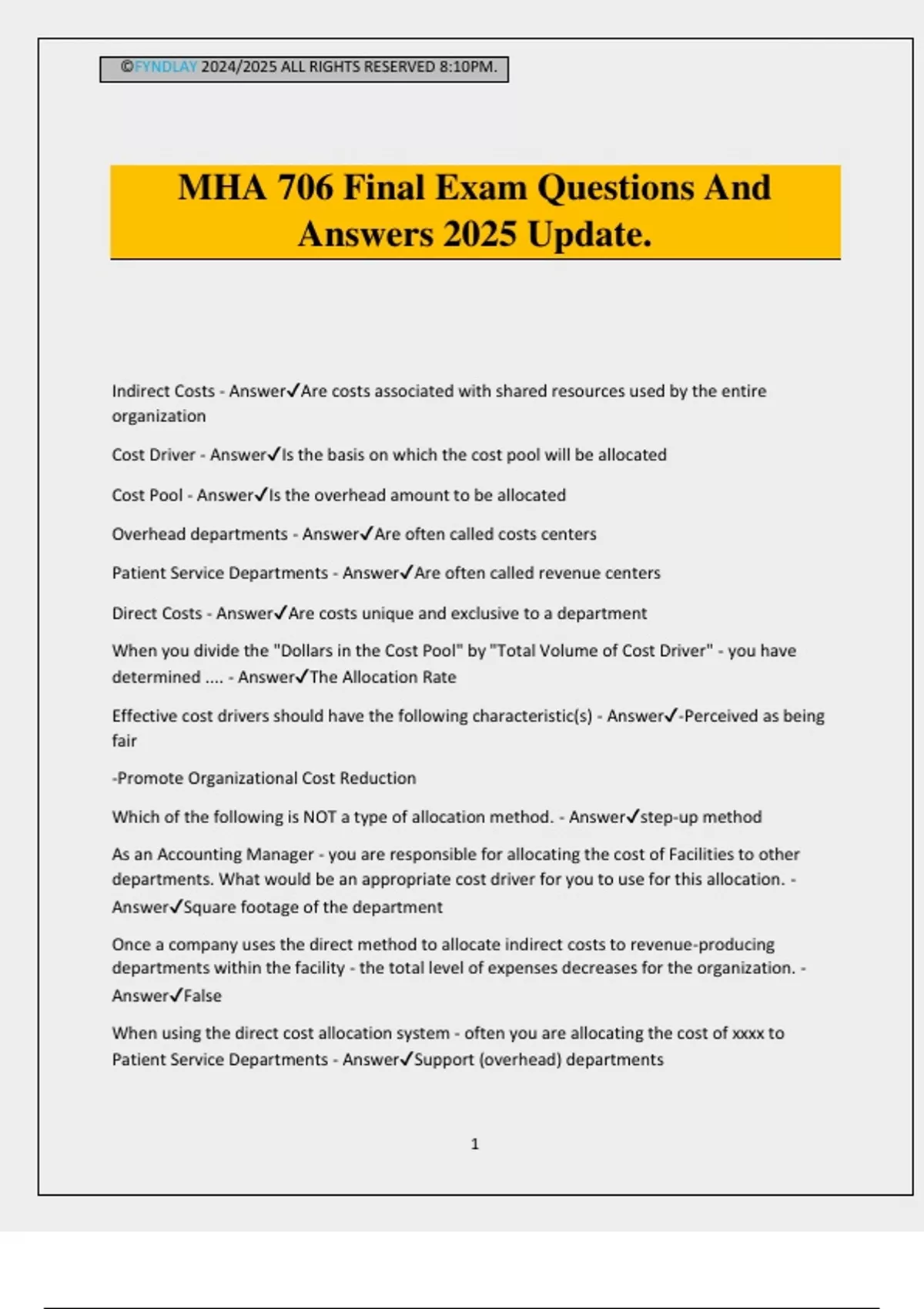 MHA 706 Final Exam Questions And Answers 2025 Update. - Mha 706 - Stuvia US