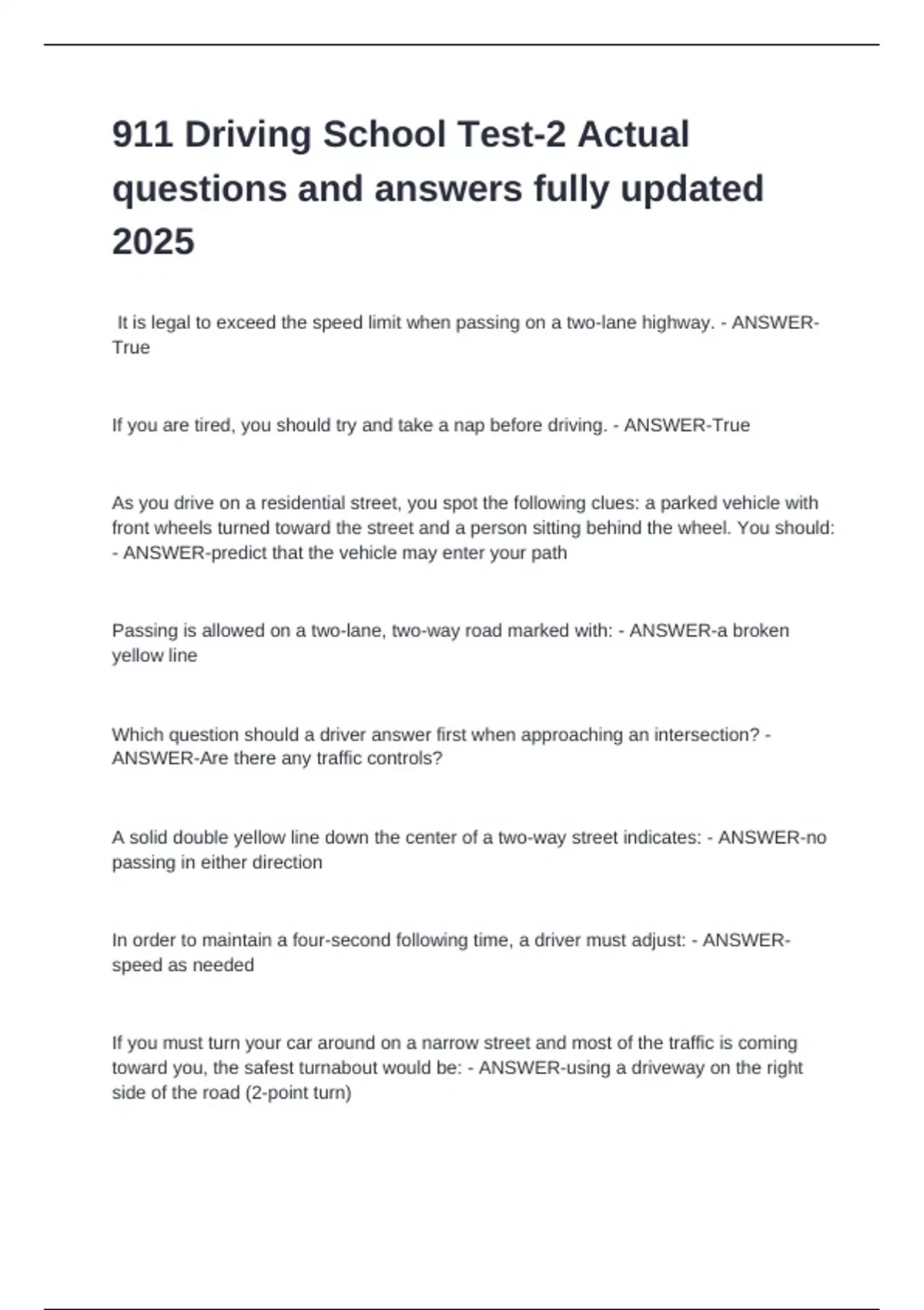 911 Driving School Test-2 Actual questions and answers fully updated ...