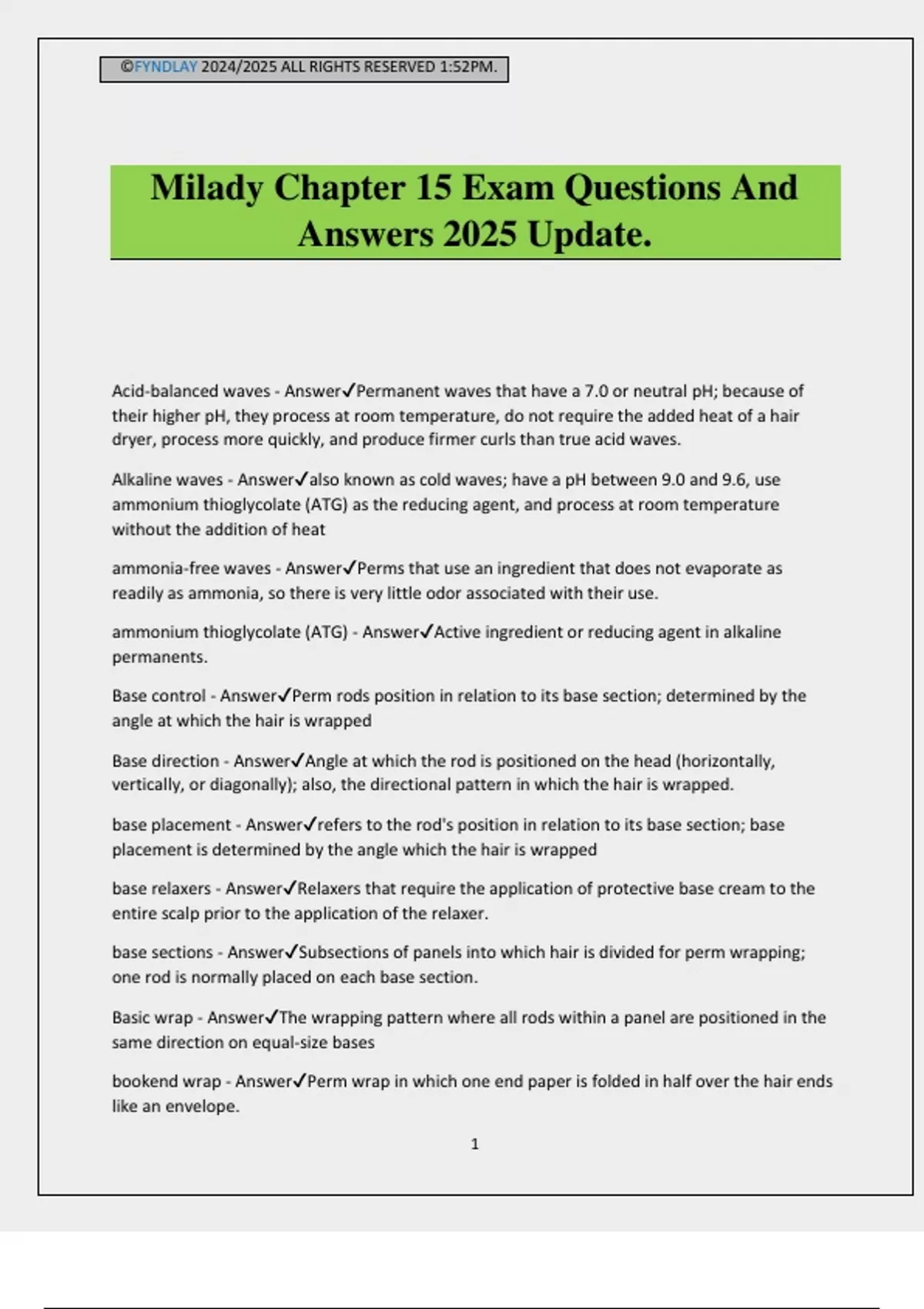 Milady Chapter 15 Exam Questions And Answers 2025 Update. - Milady - Stuvia US