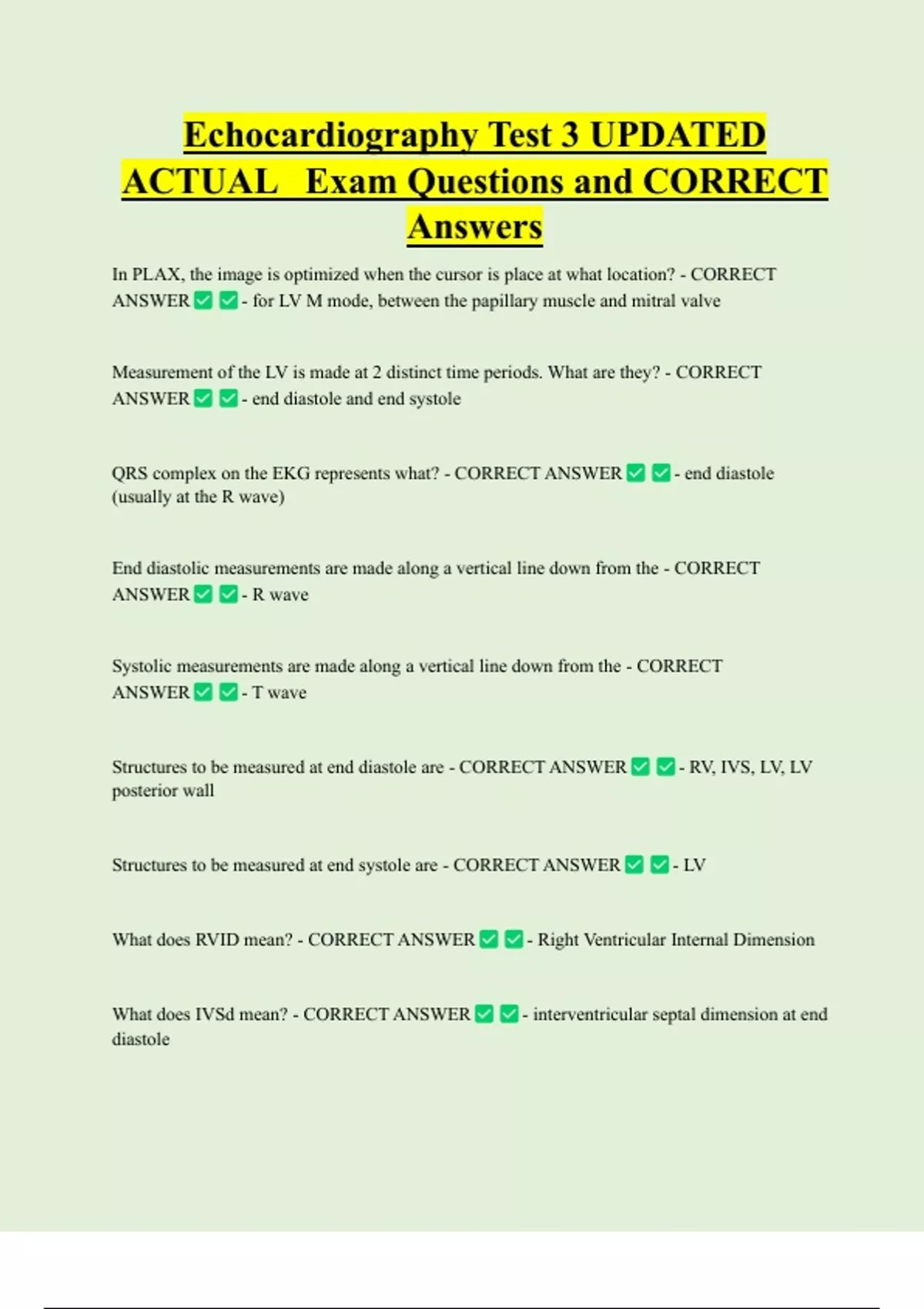 Echocardiography Test 3 UPDATED ACTUAL Exam Questions and CORRECT ...