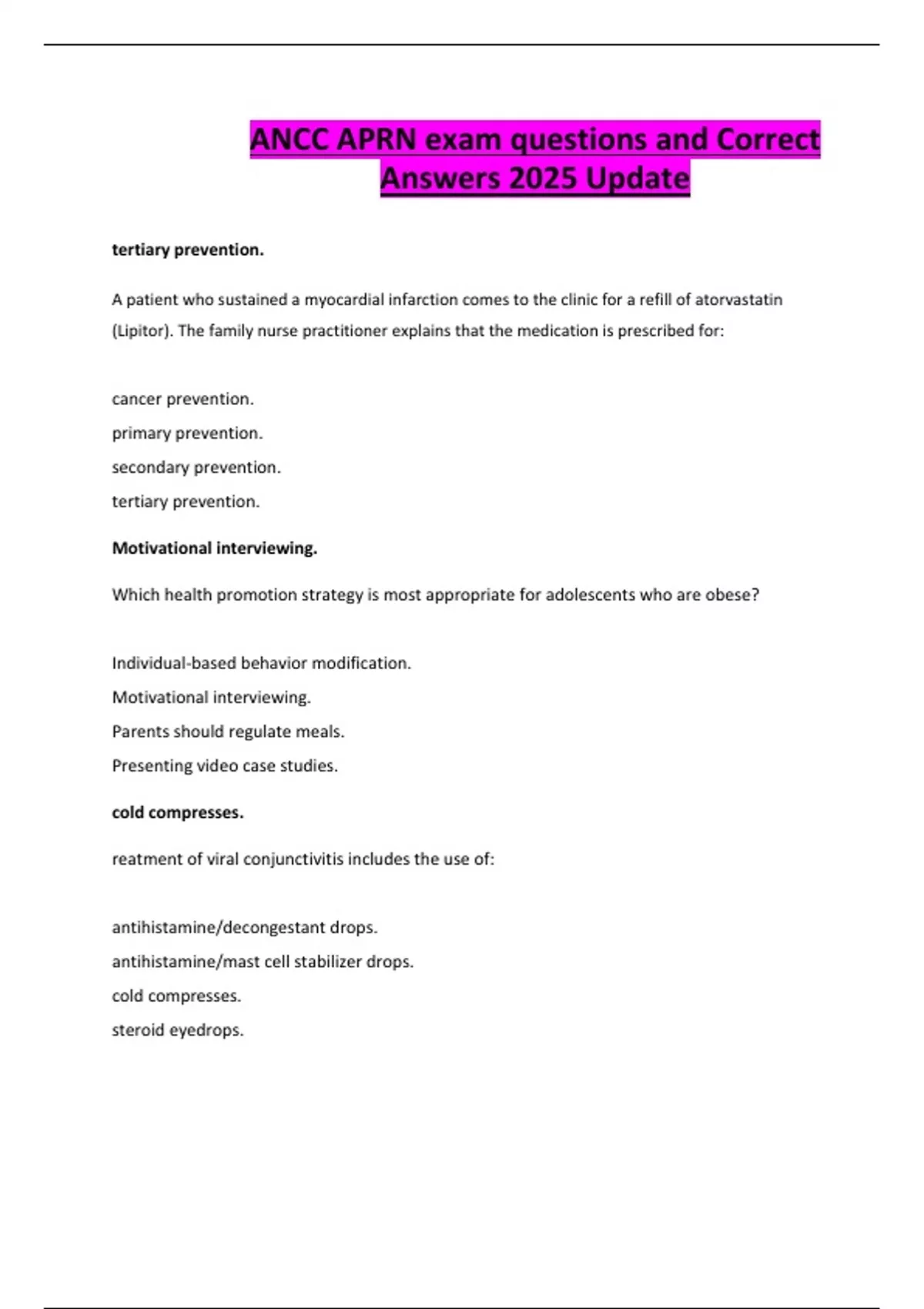 ANCC APRN exam questions and Correct Answers 2025 Update - ANCC - Stuvia US