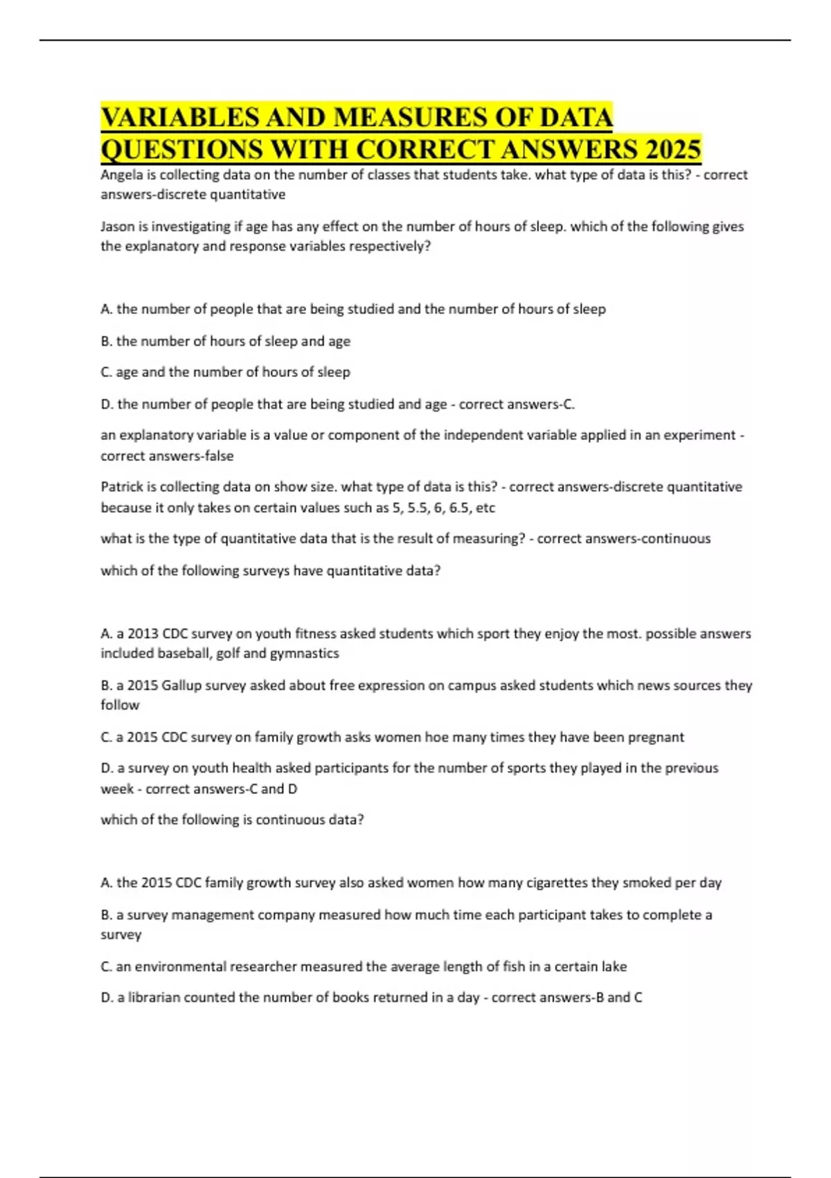 VARIABLES AND MEASURES OF DATA QUESTIONS WITH CORRECT ANSWERS 2025 - MATH 225N - Stuvia US