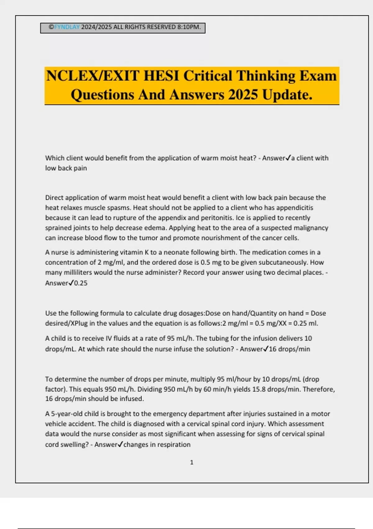 NCLEX/EXIT HESI Critical Thinking Exam Questions And Answers 2025 ...