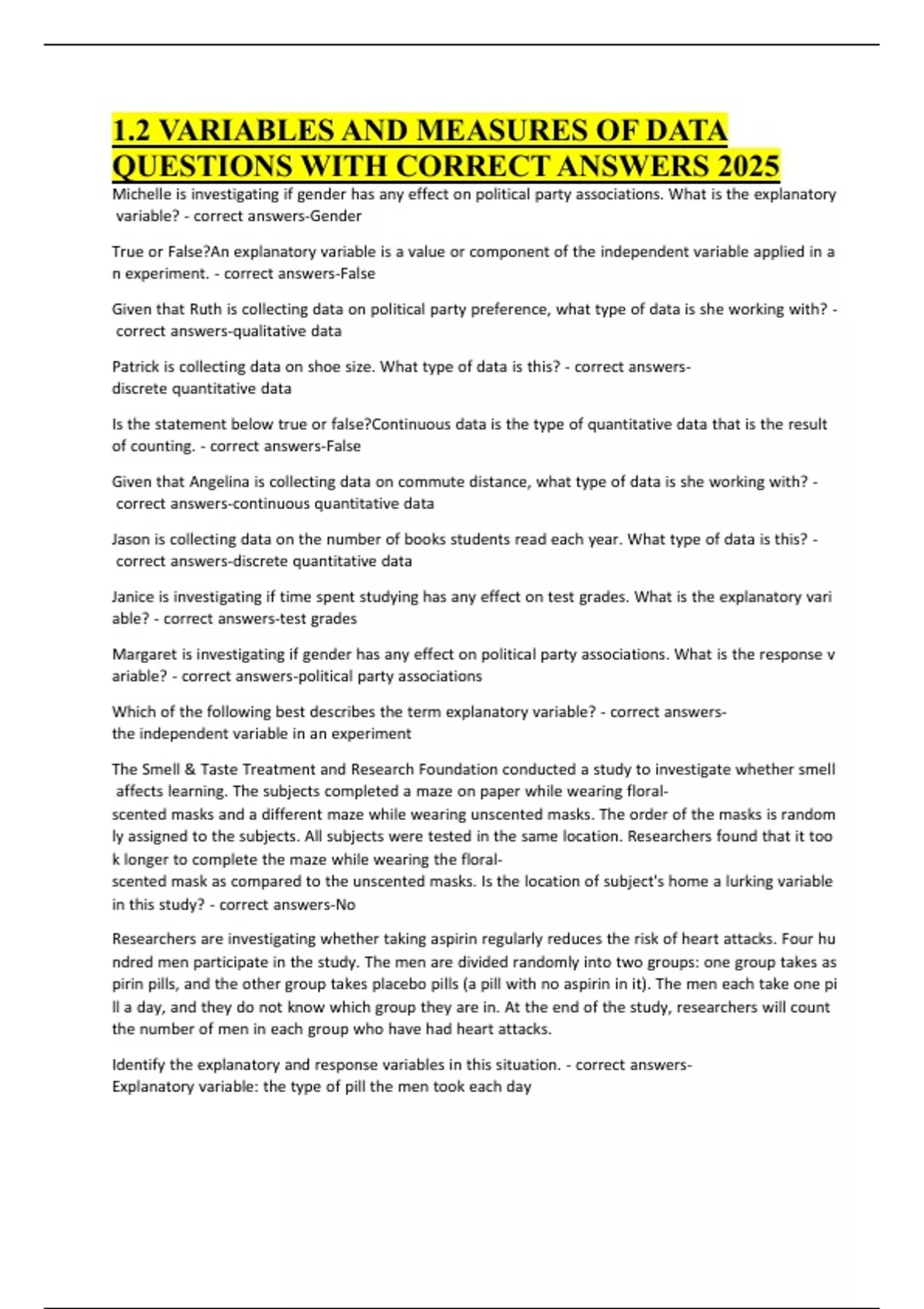 1.2 VARIABLES AND MEASURES OF DATA QUESTIONS WITH CORRECT ANSWERS 2025 - MATH 225N - Stuvia US