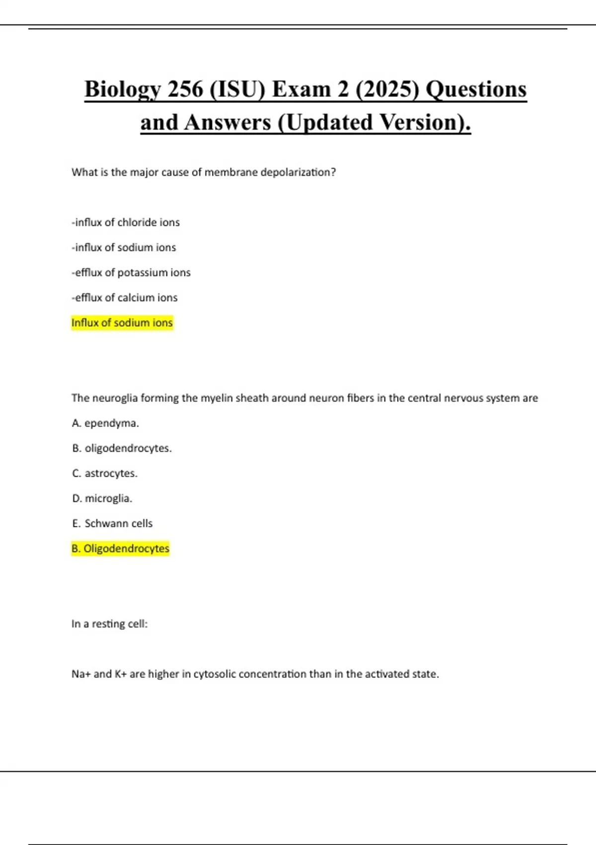 Biology 256 (ISU) Exam 2 (2025) Questions and Answers (Updated Version ...