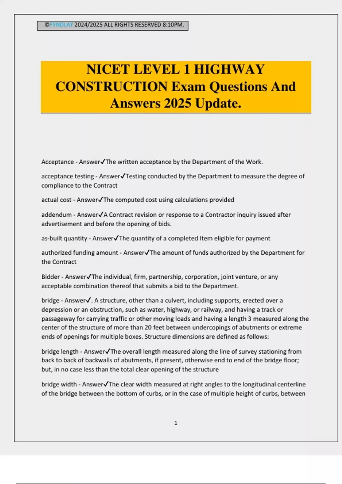 NICET LEVEL 1 HIGHWAY CONSTRUCTION Exam Questions And Answers 2025 ...
