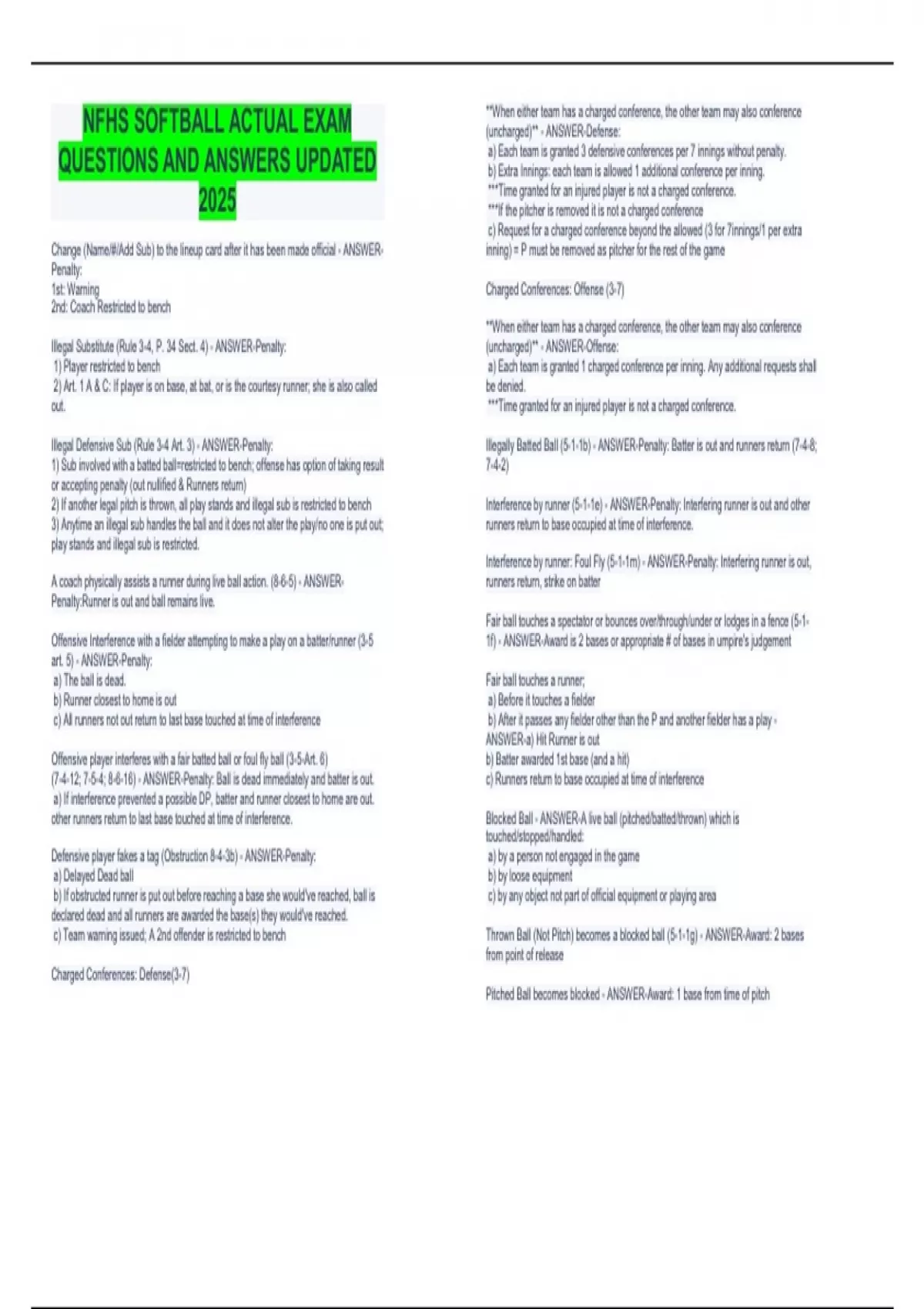 NFHS SOFTBALL ACTUAL EXAM QUESTIONS AND ANSWERS UPDATED 2025 - NFHS ...