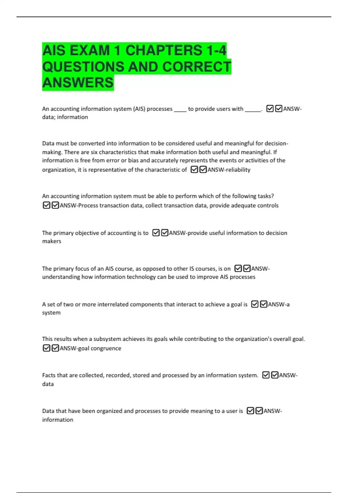 AIS EXAM 1 CHAPTERS 1-4 QUESTIONS AND CORRECT ANSWERS - AIS - Stuvia US