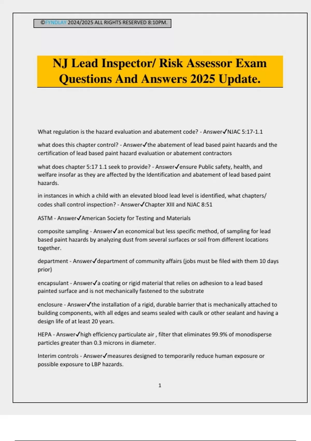 NJ Lead Inspector/ Risk Assessor Exam Questions And Answers 2025 Update ...
