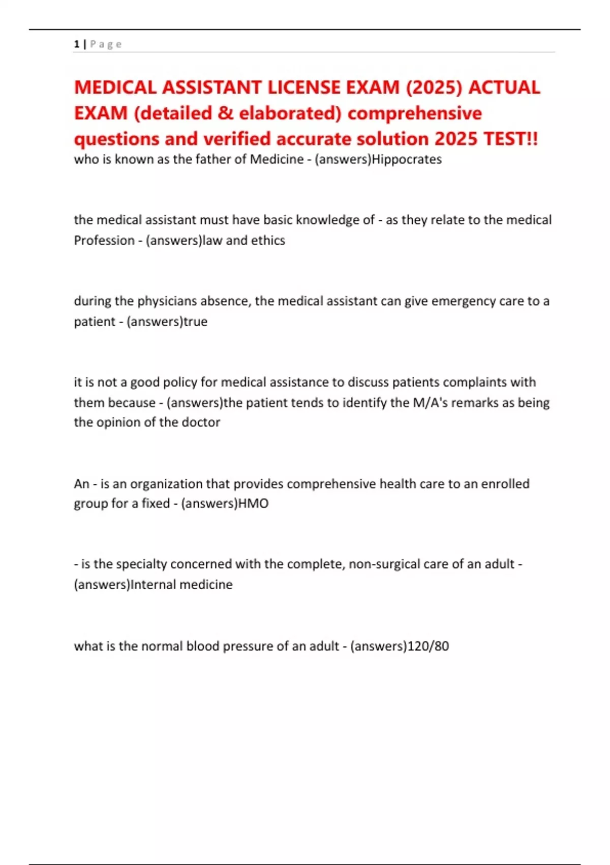 MEDICAL ASSISTANT LICENSE EXAM (2025) ACTUAL EXAM (detailed ...