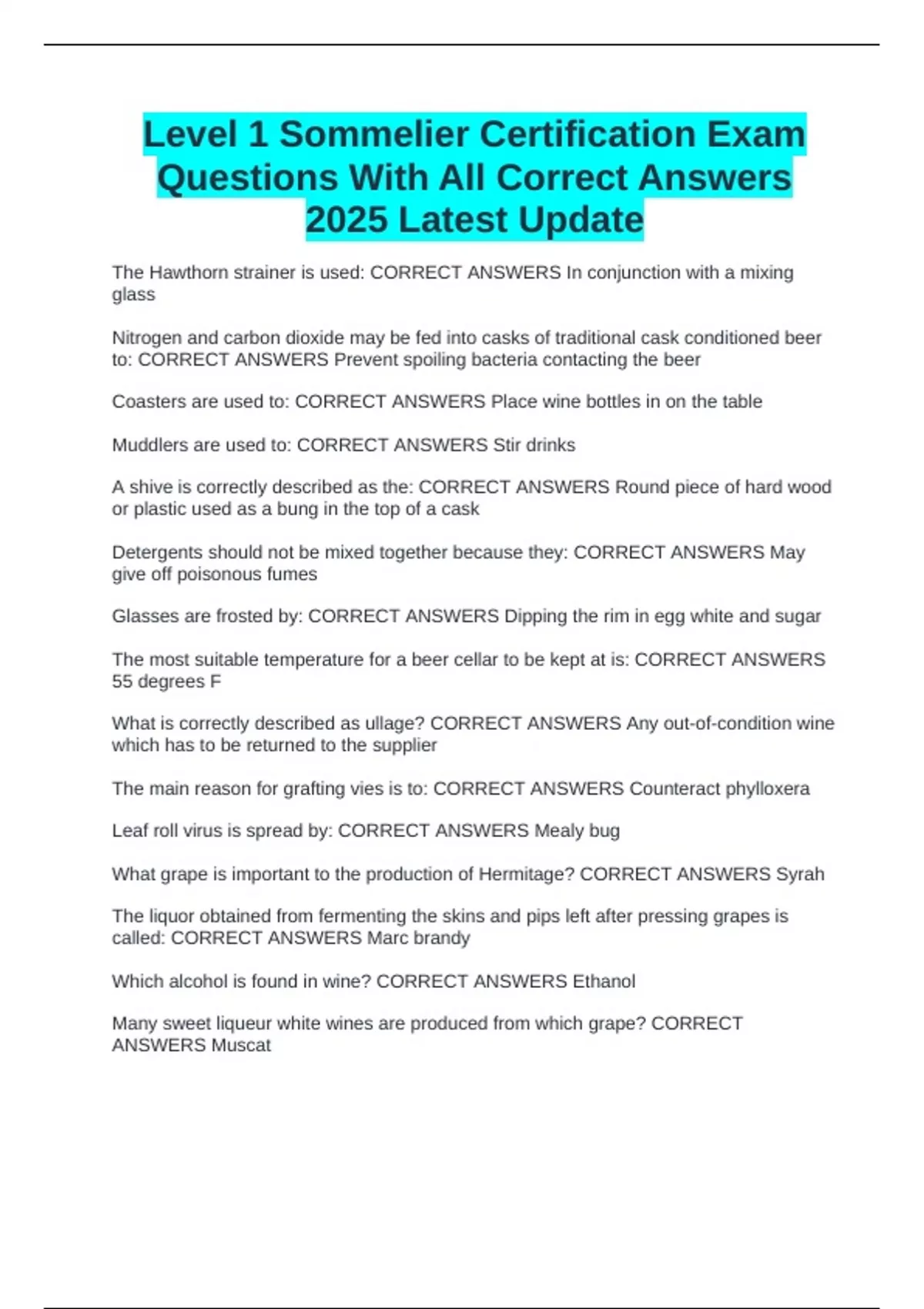 Level 1 Sommelier Certification Exam Questions With All Correct Answers ...