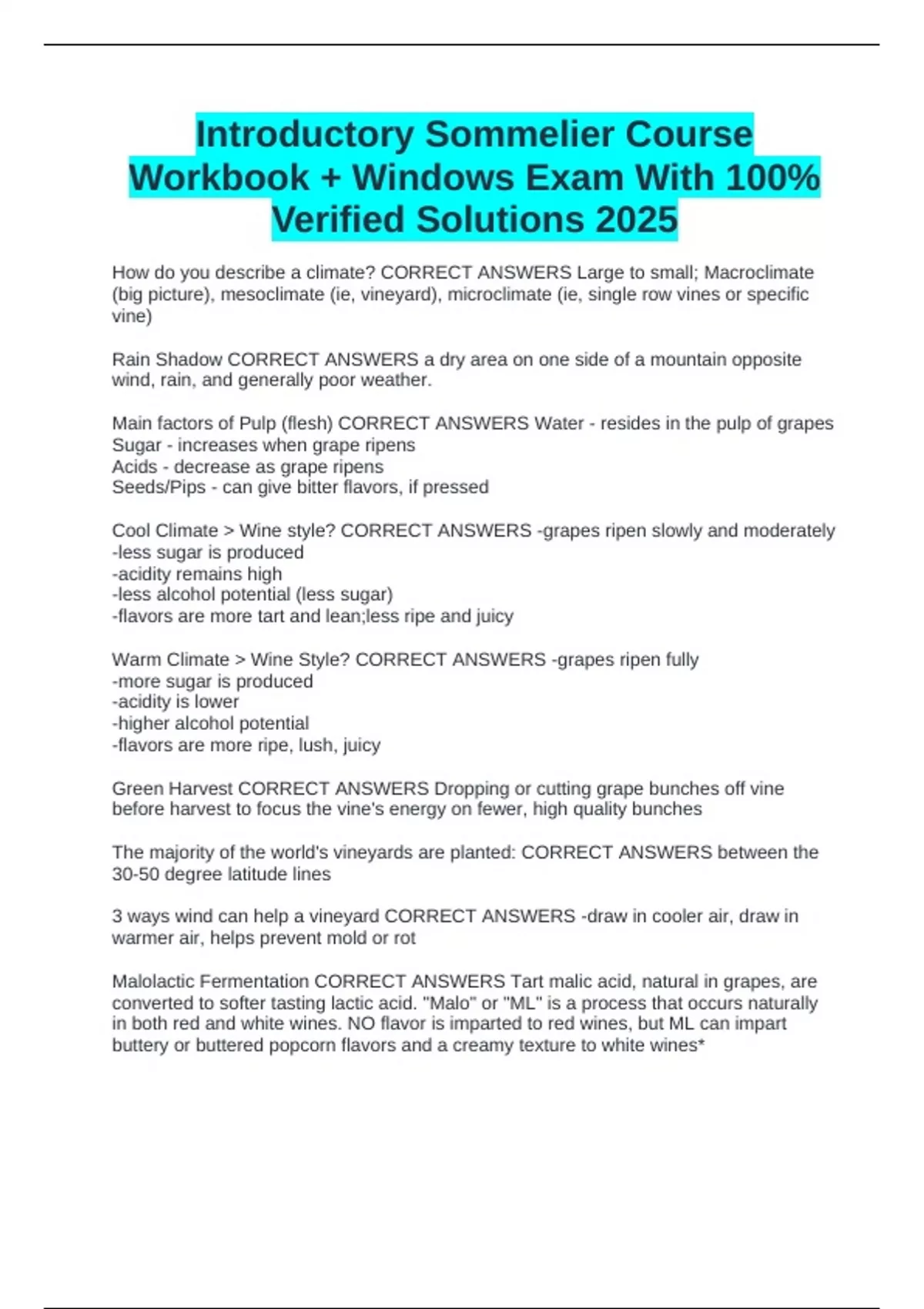Introductory Sommelier Course Workbook + Windows Exam With 100% Verified Solutions 2025 ...