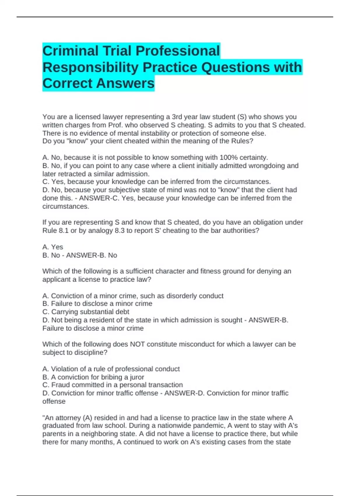Criminal Trial Professional Responsibility Practice Questions with ...